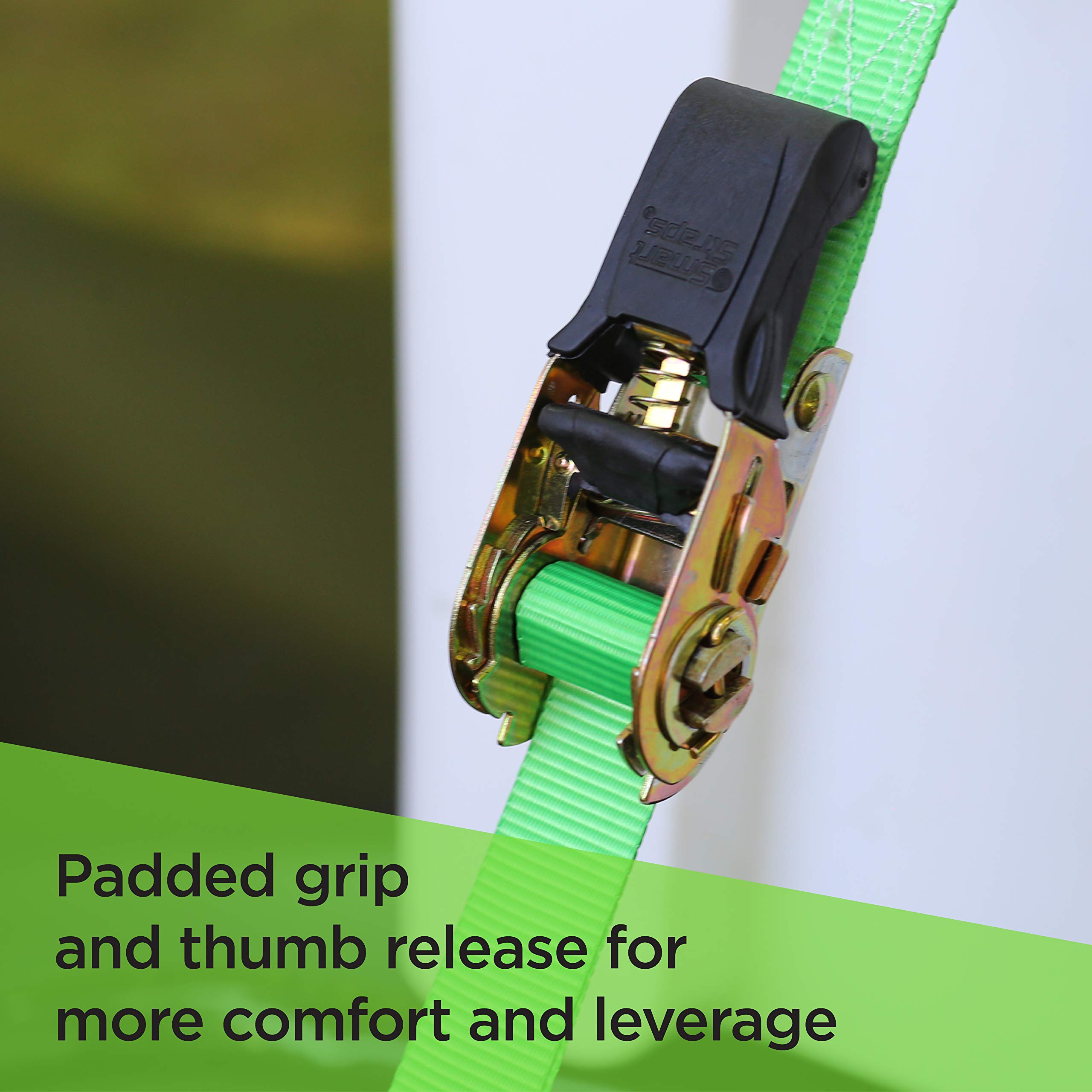SMARTSTRAPS - 101W QuadWinder 14’ Padded Ratchet Tie Down, Green (4pk) - Patented Self-Loading Storage Case - 1,500lb Break Strength, 500lb Safe Work Load – Haul Lighter Loads Like ATV’s, Mowers and More