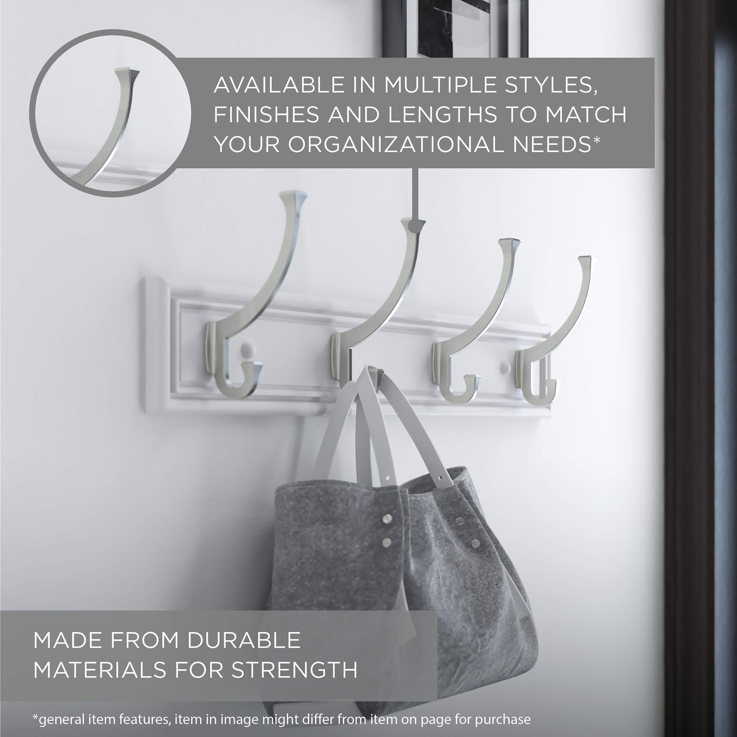 129848 Coat Rack, 27-Inch, Wall Mounted with 5 Decorative Hooks, Satin Nickel and White