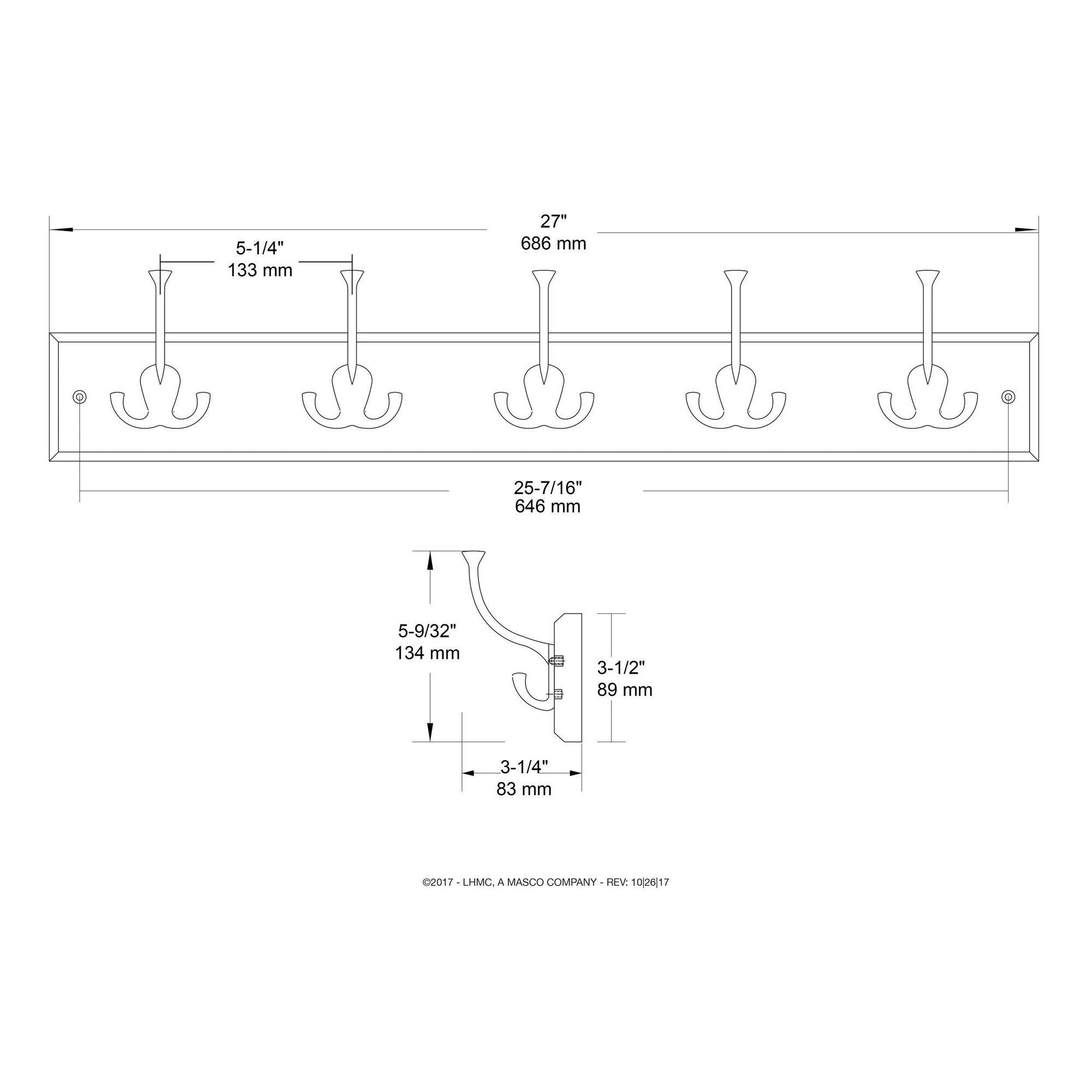 129848 Coat Rack, 27-Inch, Wall Mounted with 5 Decorative Hooks, Satin Nickel and White