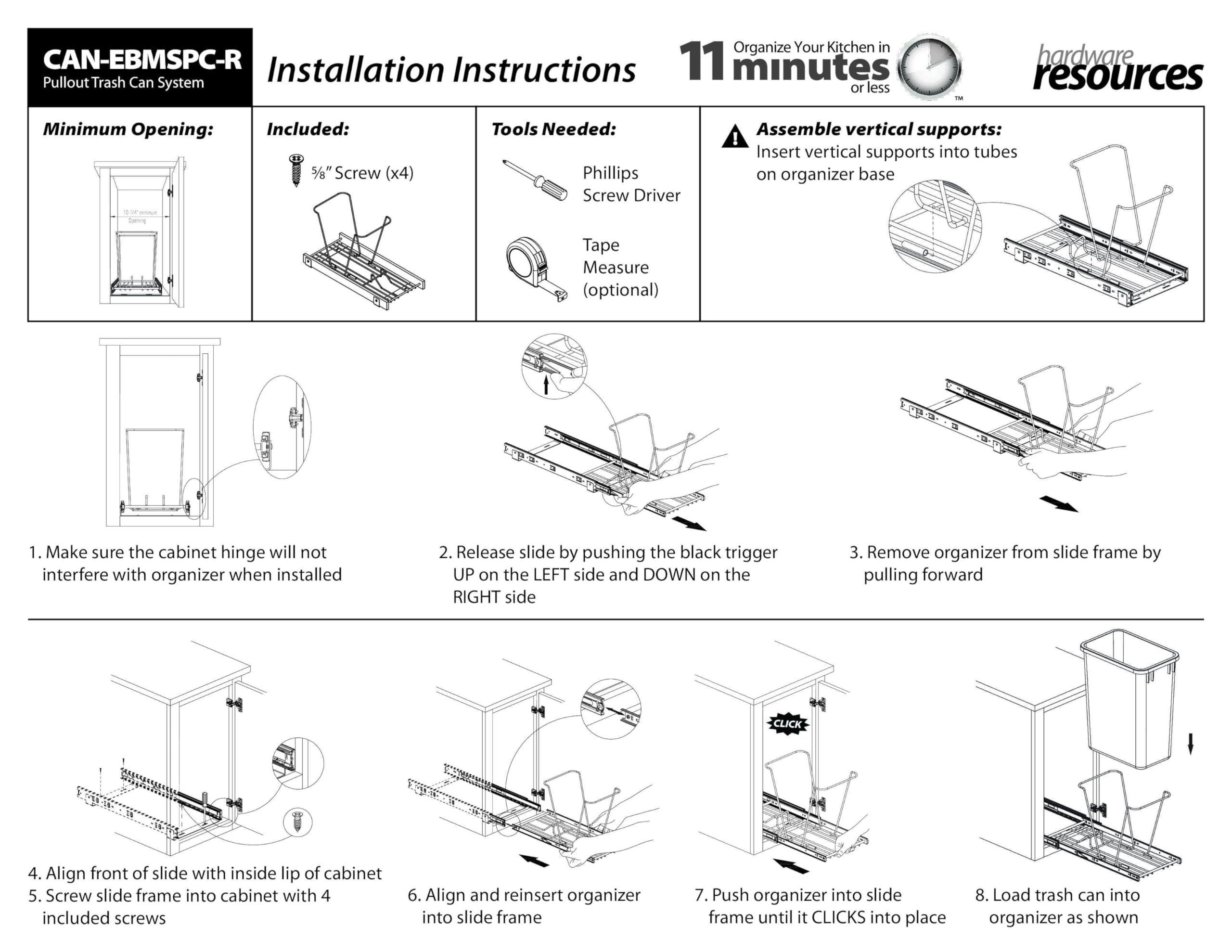 Hardware Resources Black Pull Out Container - Sliding Under Sink Trash Can System for 35qt/50qt Trash Bins - Works with Hardware Resources Lids, Garbage Cans & Door Mounting Kits - 100lb Rated Slides