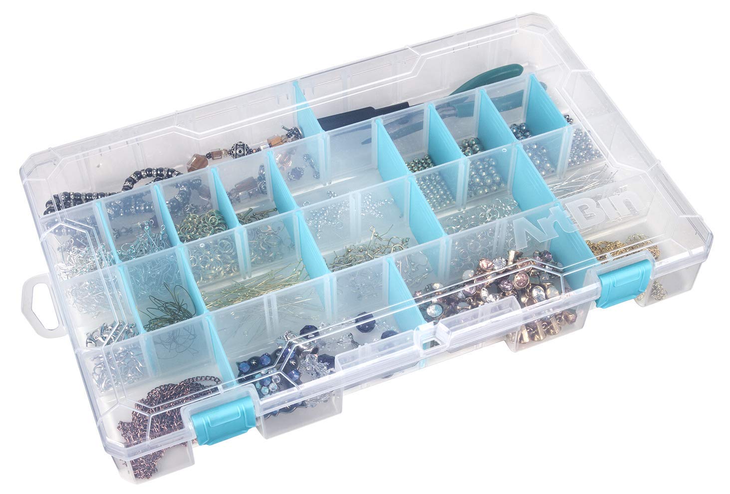 ArtBin 6857AG Large Anti-Tarnish Box with Removable Dividers, Jewelry & Craft Organizer with Anti-Tarnish Technology, [1] Plastic Storage Case, Clear with Aqua Accents