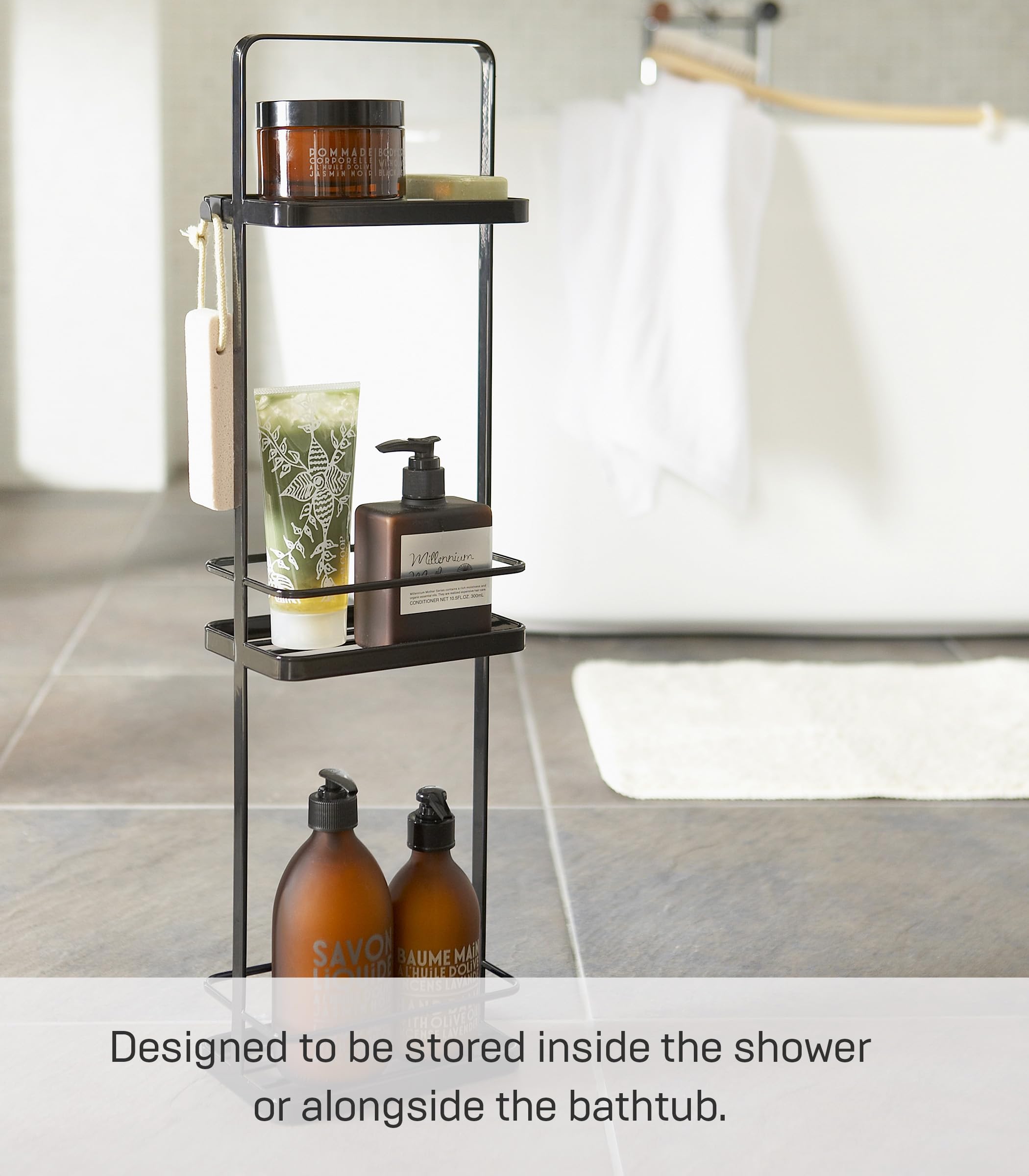 Yamazaki Home Wire Standing Shower Caddy with Bath Shelf Baskets, Steel, Tall, Water Resistant, No Assembly Req.
