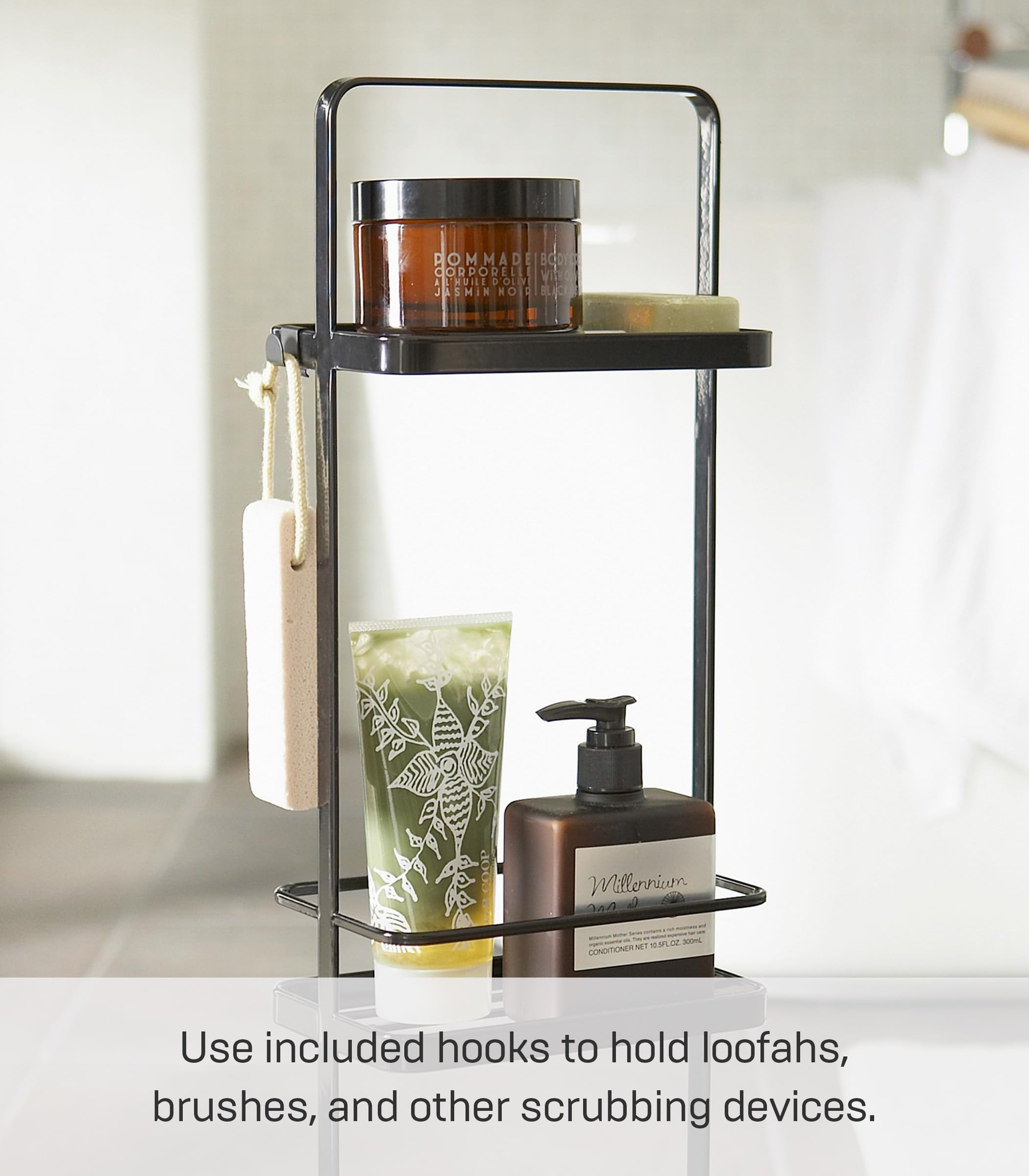 Yamazaki Home Wire Standing Shower Caddy with Bath Shelf Baskets, Steel, Tall, Water Resistant, No Assembly Req.