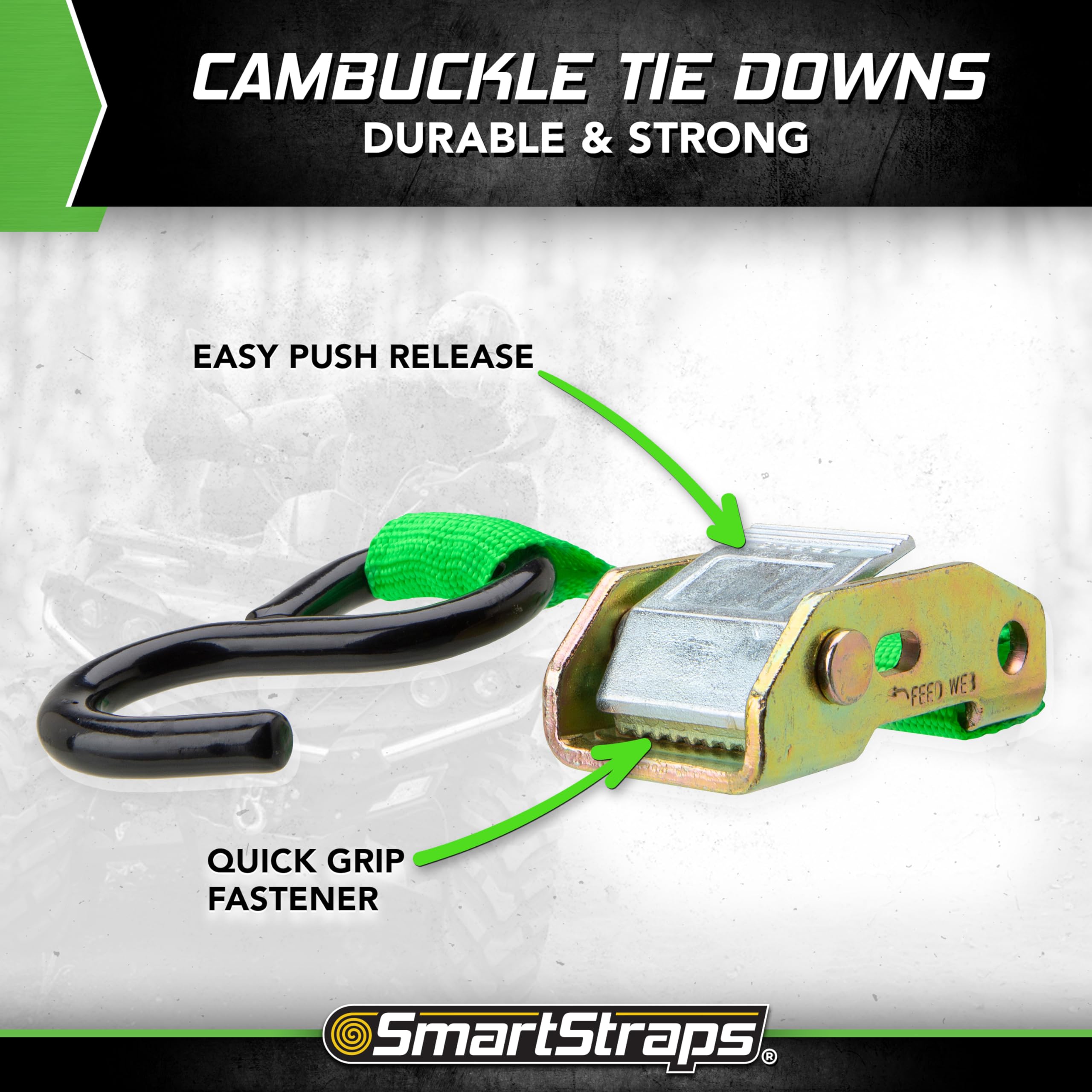 SmartStraps 10-Foot Cambuckle (4pk) 900 lbs Break Strength, 300 lbs Safe Work Load– Tie Down Fragile and Lighter Loads for Transport – Offers More Security Than Rope
