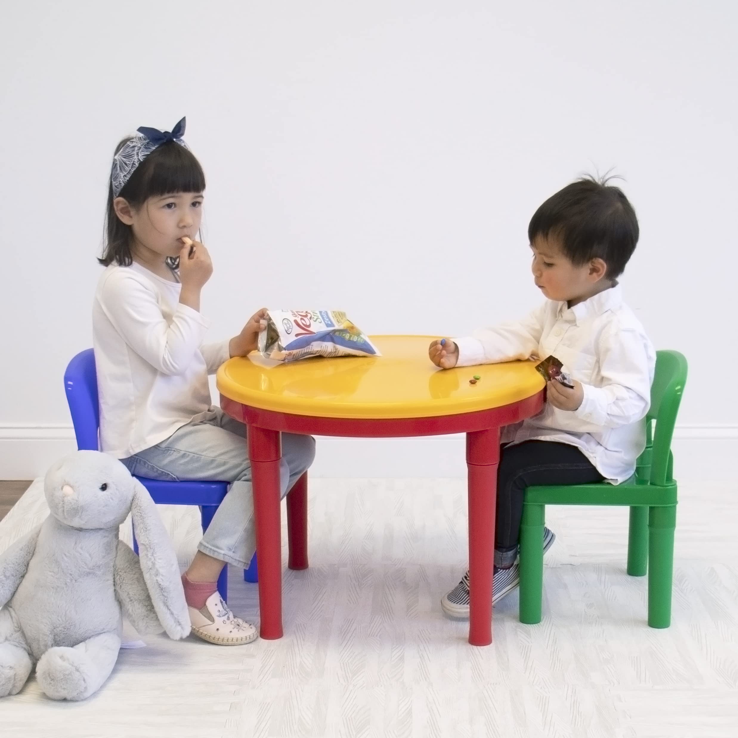 Humble Crew, Red/Green/Blue Kids 2-in-1 Plastic Building Blocks-Compatible Activity Table and 2 Chairs Set, Round, Primary Colors