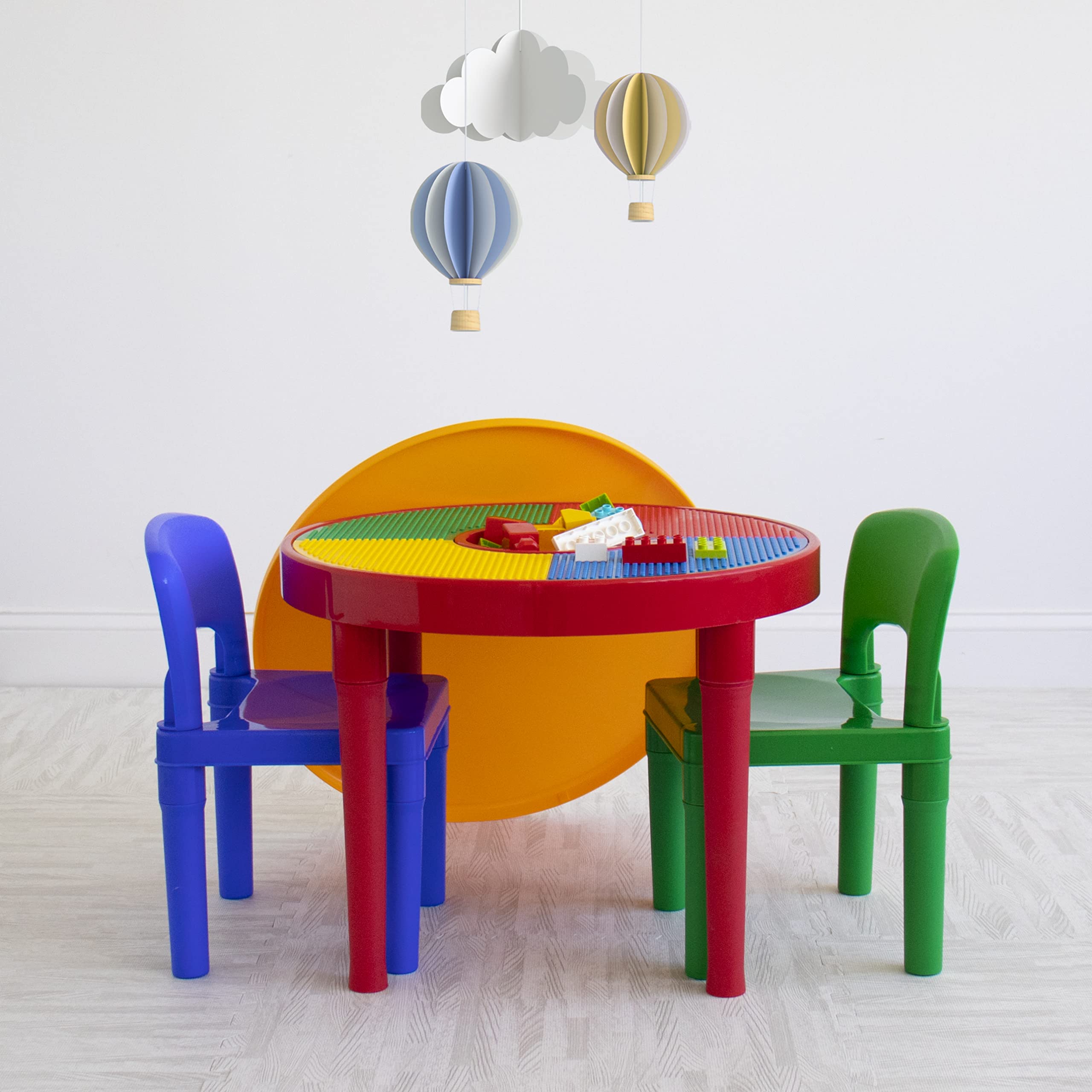 Humble Crew, Red/Green/Blue Kids 2-in-1 Plastic Building Blocks-Compatible Activity Table and 2 Chairs Set, Round, Primary Colors
