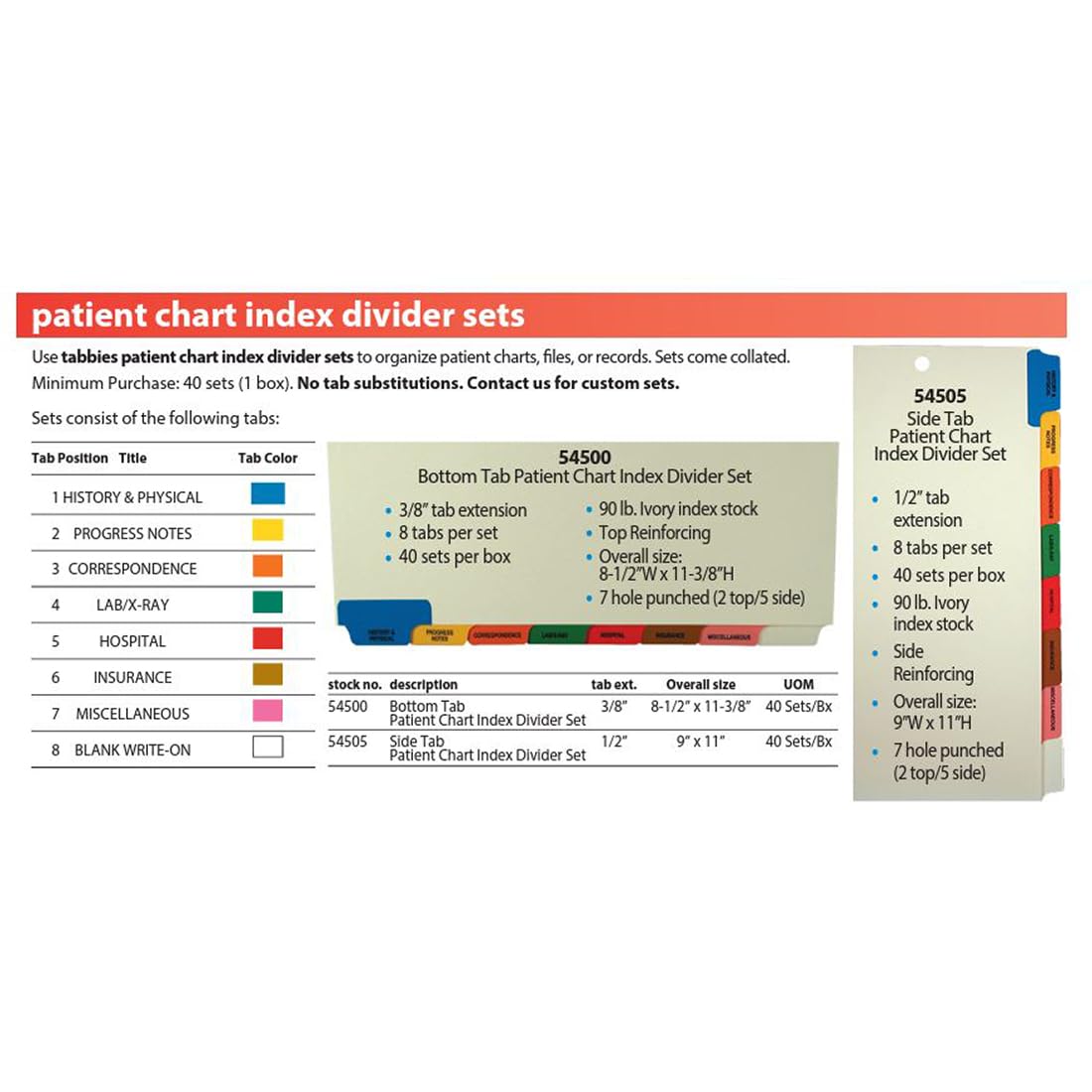 Tabbies 8-Bottom Tab Medical Chart Index Set , Red, Brown, Blue, Orange, Yellow, Green , 8-1/2" x 11-3/8"