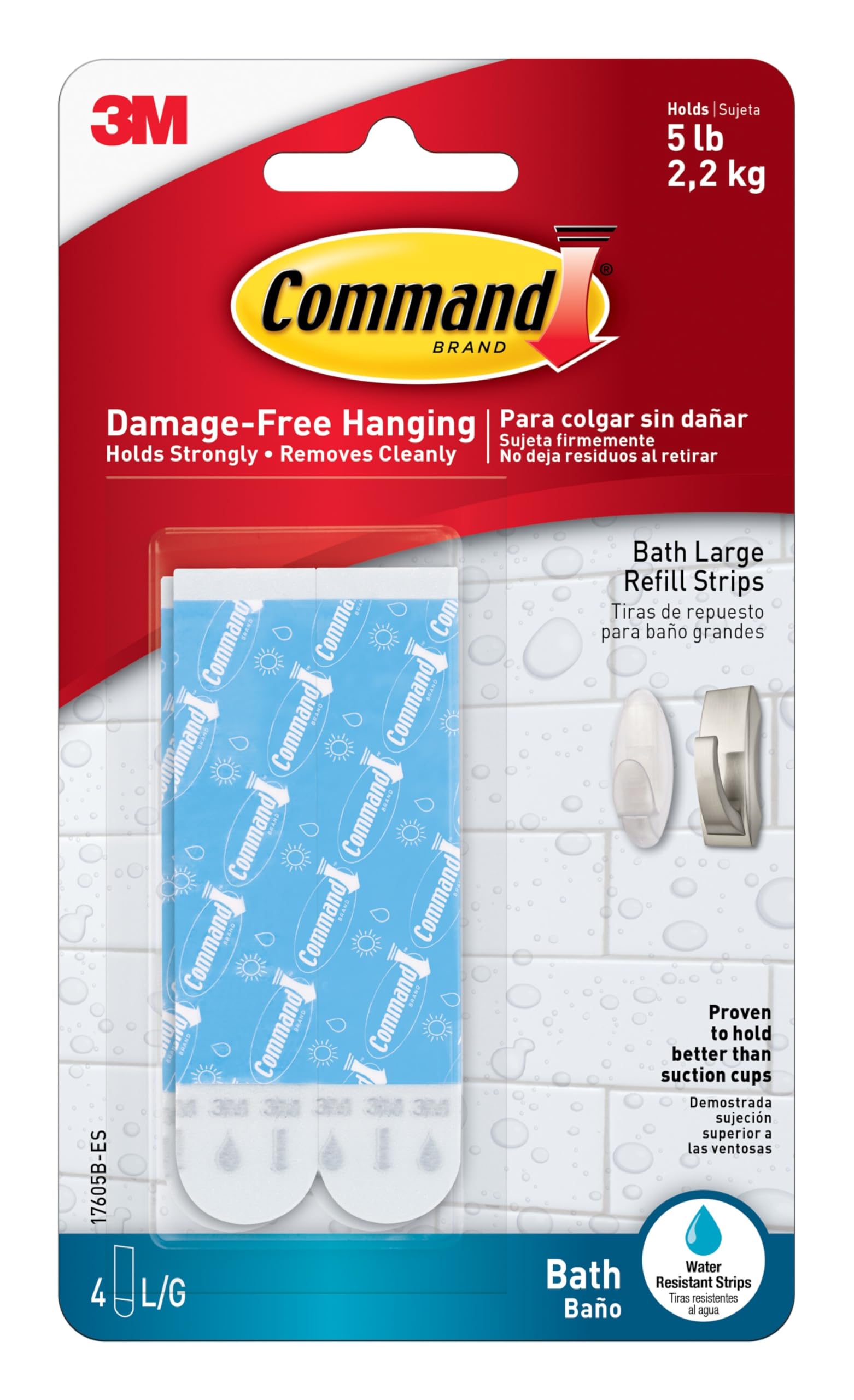 Command Bath Large Water-Resistant Adhesive Refill Strips, 4-Large Strips, Re-Hang Large Bath Hooks or Caddies