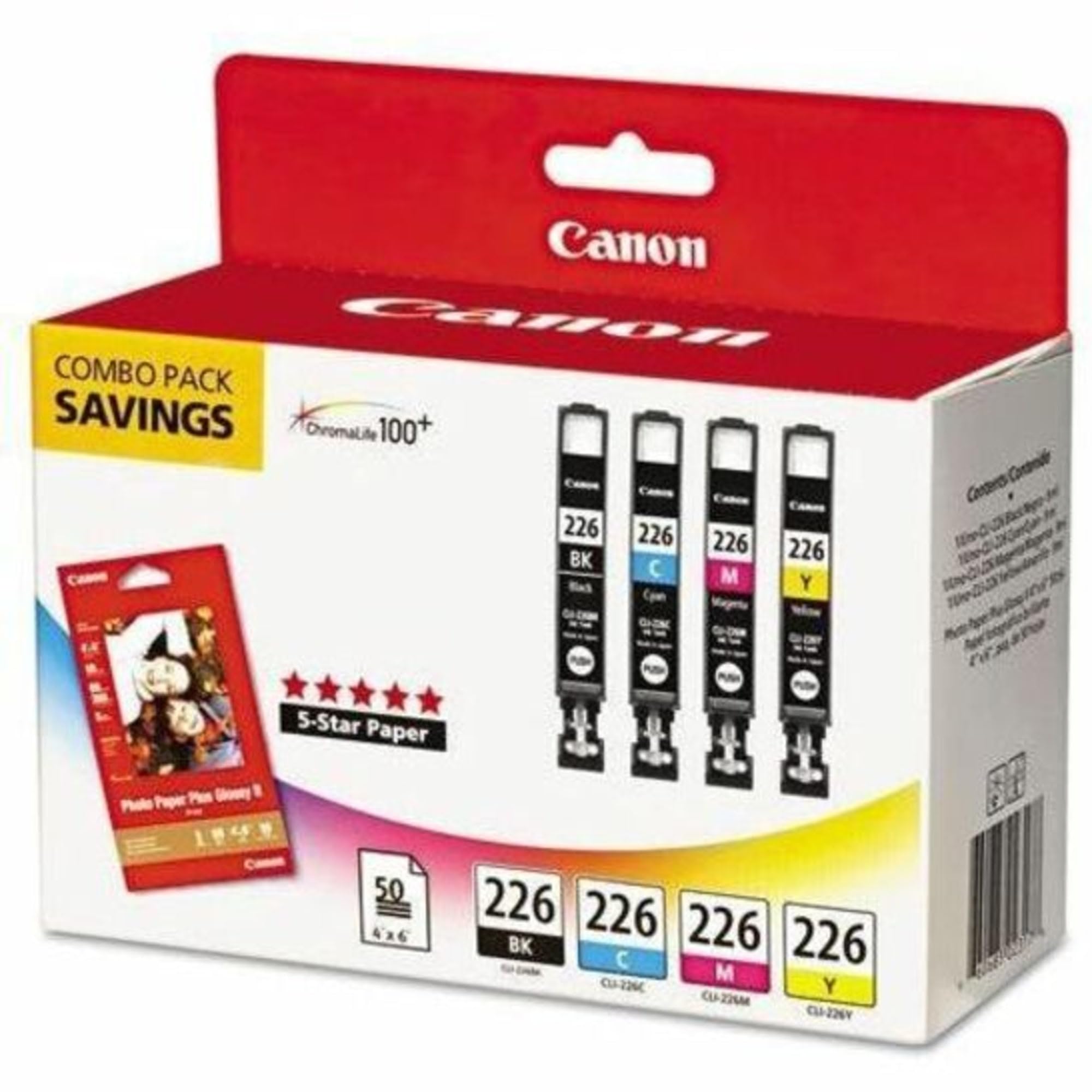 Canon CLI226 Color Pack with Photo Paper 50 Sheets Compatible to iP4820, MG5220, MG5120, MG6120, MG8120, MX882, iX6520, iP4920, MG5320, MG6220, MG8220, MX892