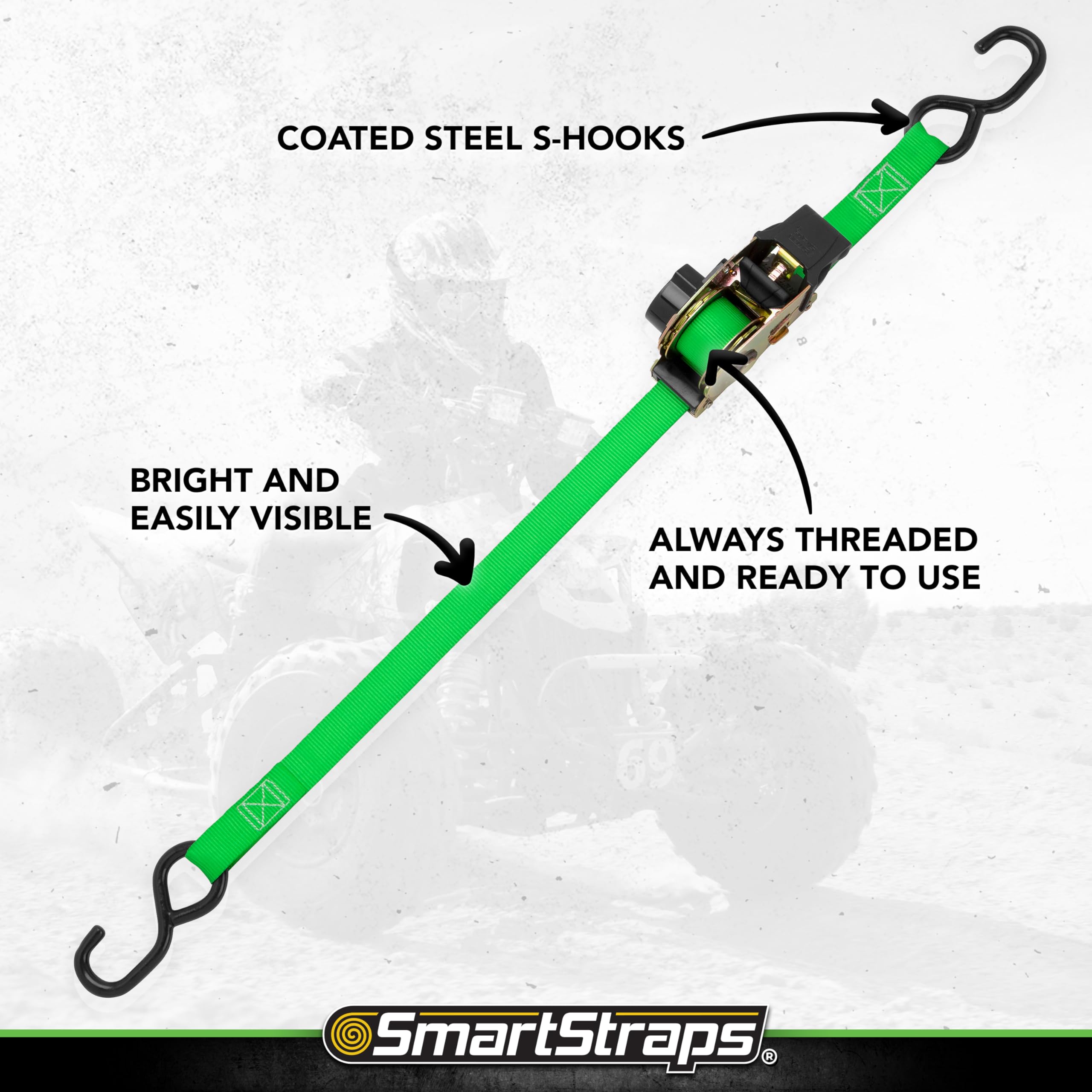 SmartStraps 6â€™ Ratchet Straps, 4 Pack â€” Standard Duty Retractable Tie-Down Straps â€” 1,500lb Break Strength, 500lb Safe Work Load â€” Haul ATVs, Lawn Tractors and Other Small Equipment