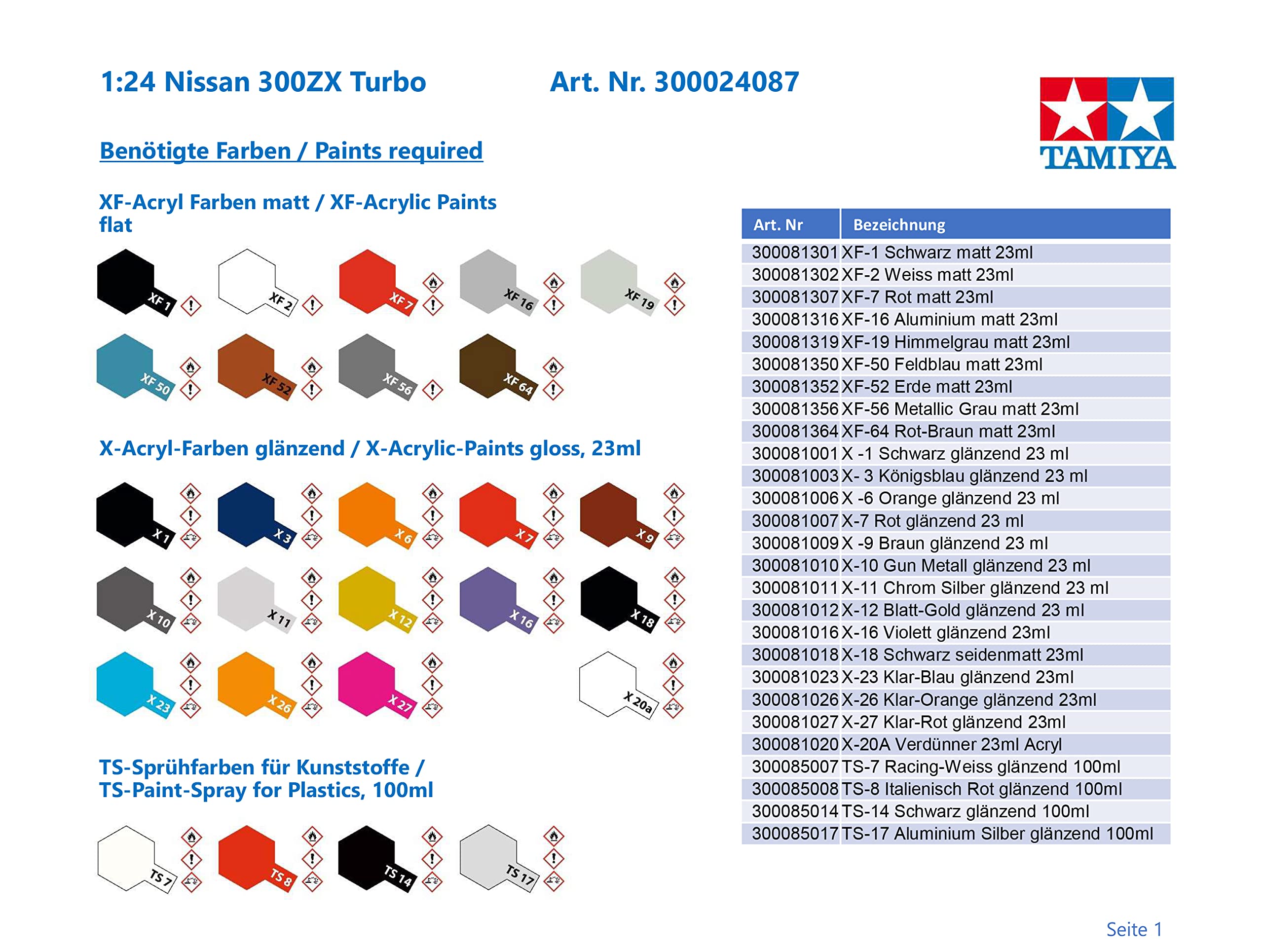 TAMIYA Nissan 300zx Turbo 1/24 Scale Model Kit 24087
