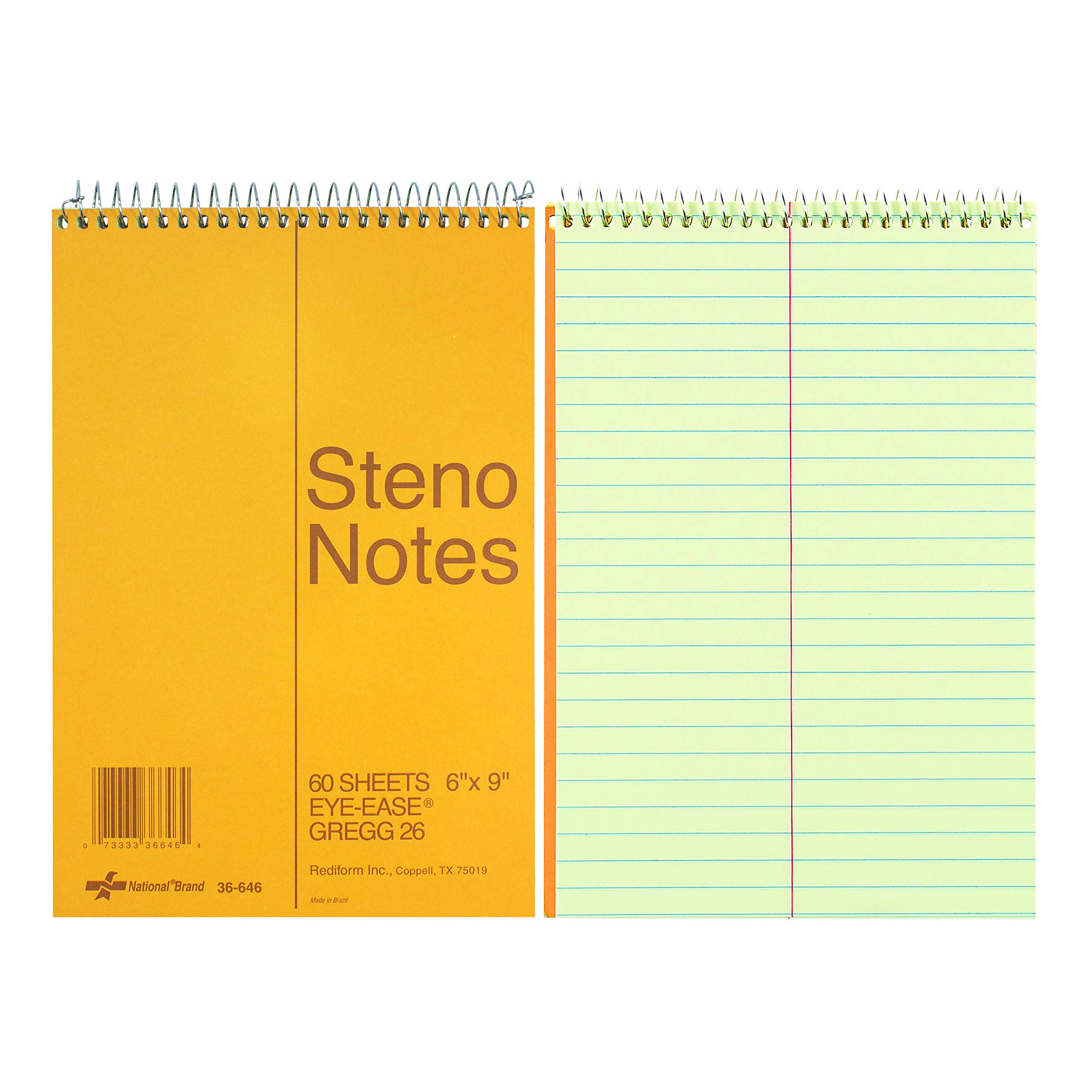 National Steno Notebook with Brown Board Cover, Green Eye-Ease Paper, Gregg Ruled, 6" x 9", 60 Sheets (36646)
