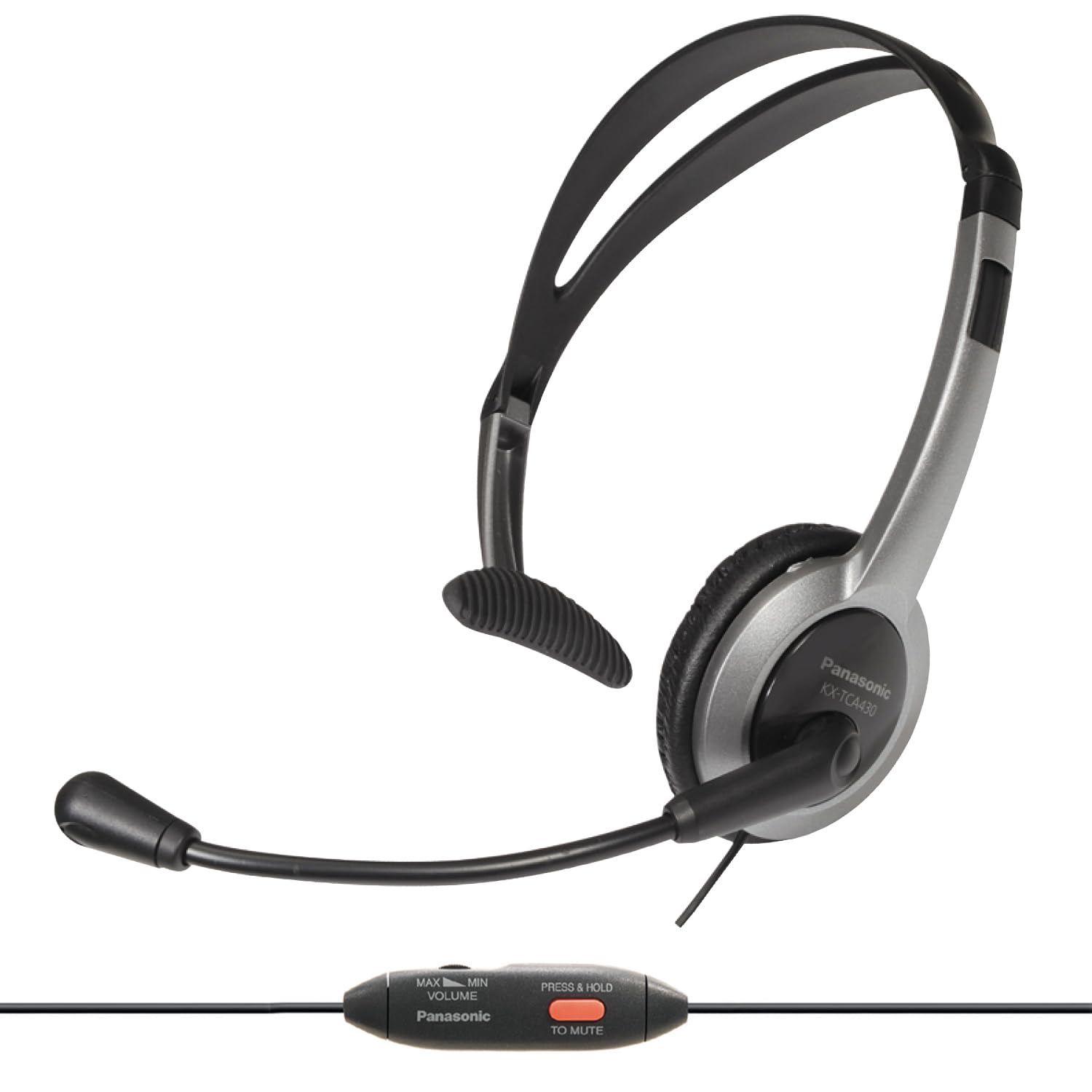 Panasonic Comfort Fit Headset for TCA Series Cordless Landline Phones, Foldable Headset with Flexible Noise-Cancelling Microphone and Volume Control, 2.5 mm Plug, Grey/Silver KX-TCA430