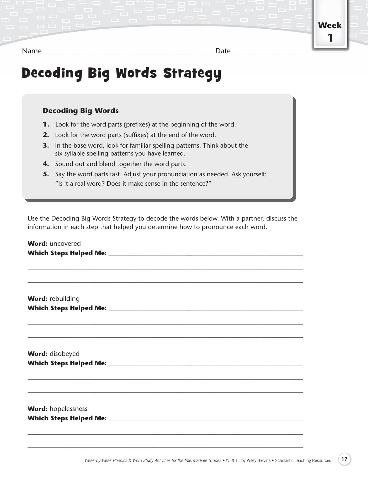 Scholastic Week By Week Phonics and Word Study for the Intermediate Grades, Grades 3-6