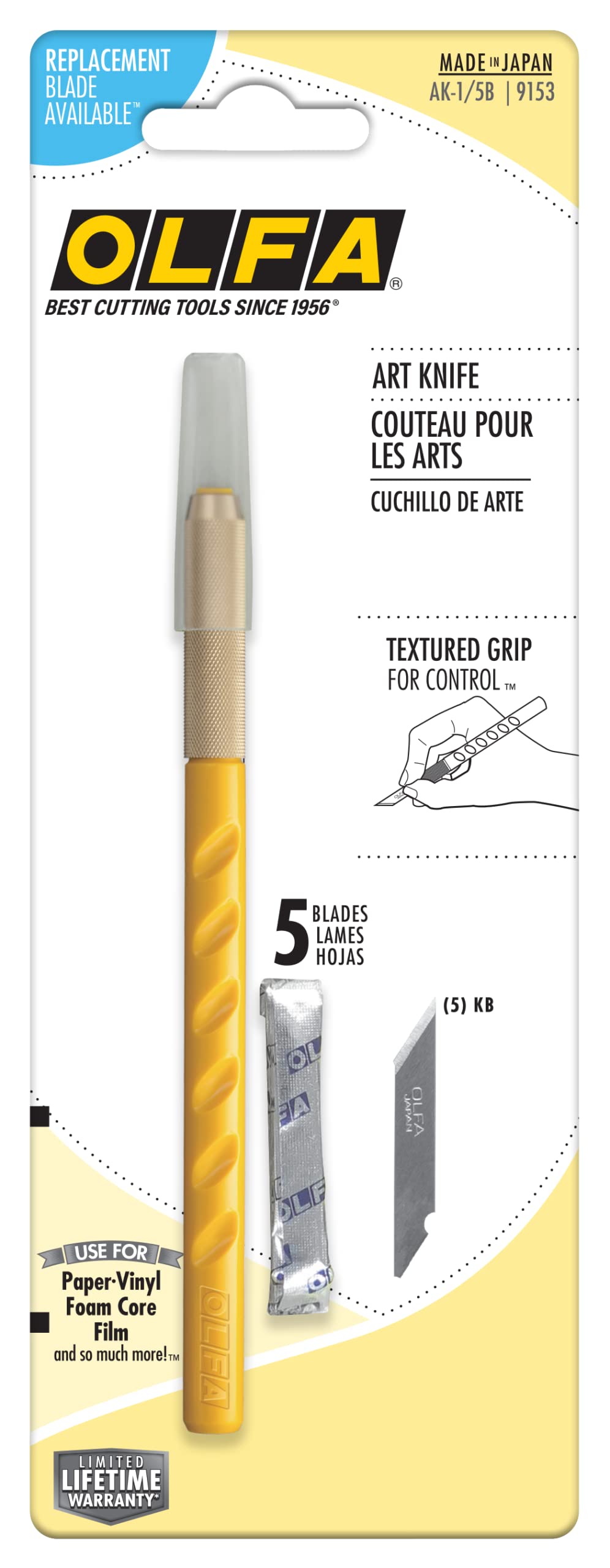 OLFA Graphic Art Knife Set (AK-1/5B) - Precision Hobby Craft Knife Kit (1 Knife & 5 Blades) w/Safety Cap for Art, Crafts, Scrapbooking, Stencil, Replacement Blades: OLFA KB Art Blades
