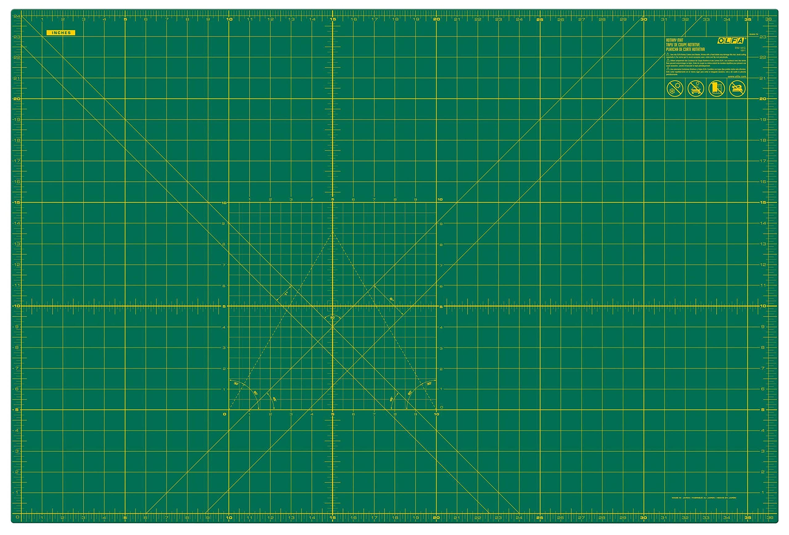 OLFA 24" x 36" Self Healing Rotary Cutting Mat (RM-MG) - Double Sided 24x36 Inch Cutting Mat with Grid for Quilting, Sewing, Fabric, & Crafts, Designed for Use with Rotary Cutters (Green)