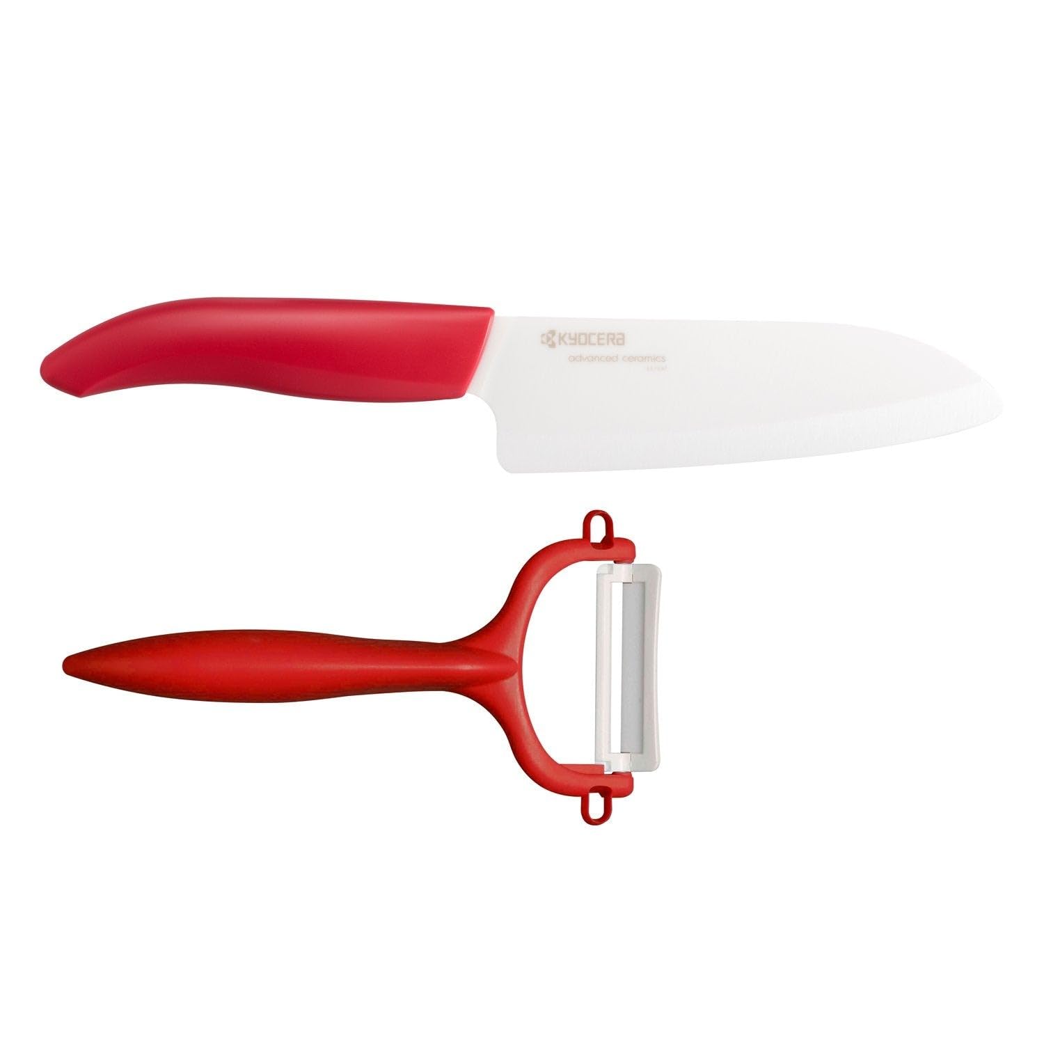 Kyocera Advanced Ceramic Revolution Series 5-1/2-inch Santoku Knife and Y-Peeler Set, Red