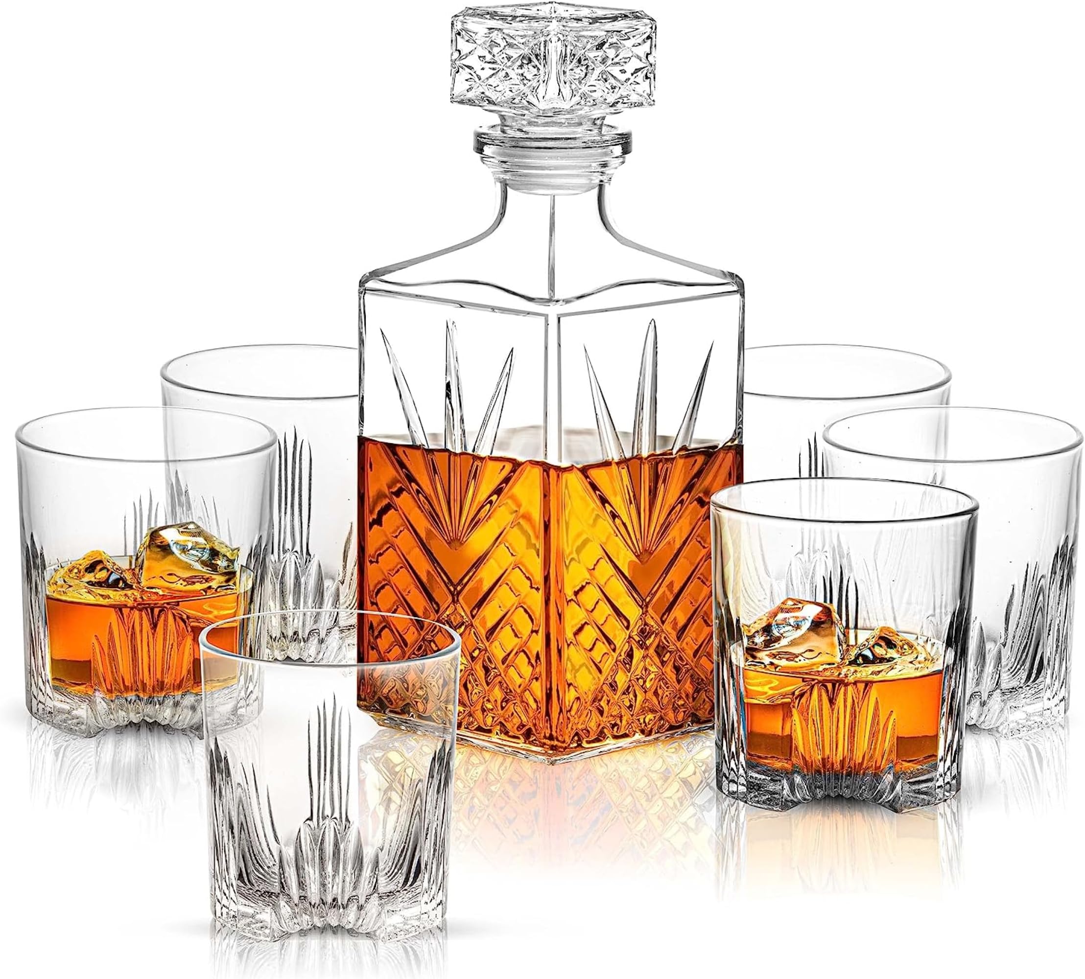 Bormioli Rocco Selecta Collection Whiskey Gift Set – Sophisticated Etched 33.75oz Decanter & 6 9.5oz Glass Tumblers With Starburst Detailing – For Whiskey, Bourbon, Scotch & Liquor
