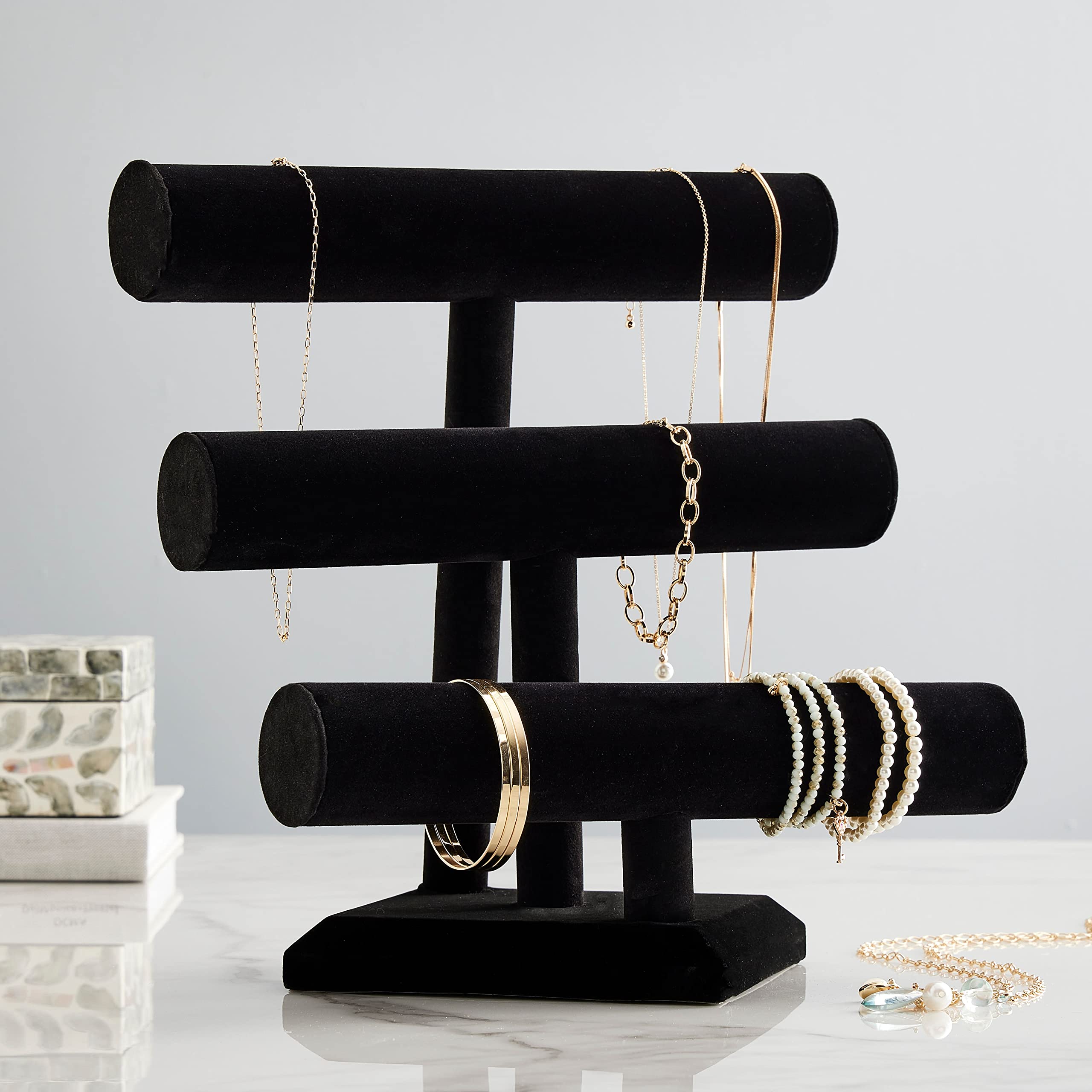 Darice Triple Bar Velvet Jewelry Stand, Black