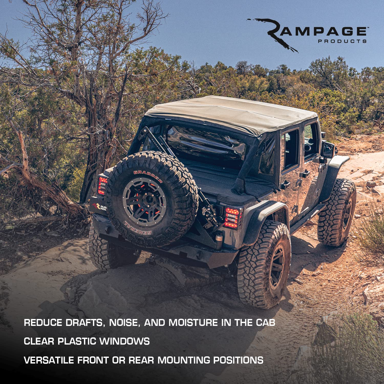 Rampage Windbreaker | Vinyl, Black Diamond Color with Clear Windows | 990035 | Fits 2007 - 2018 Jeep Wrangler JK 2-Door & 4-Door