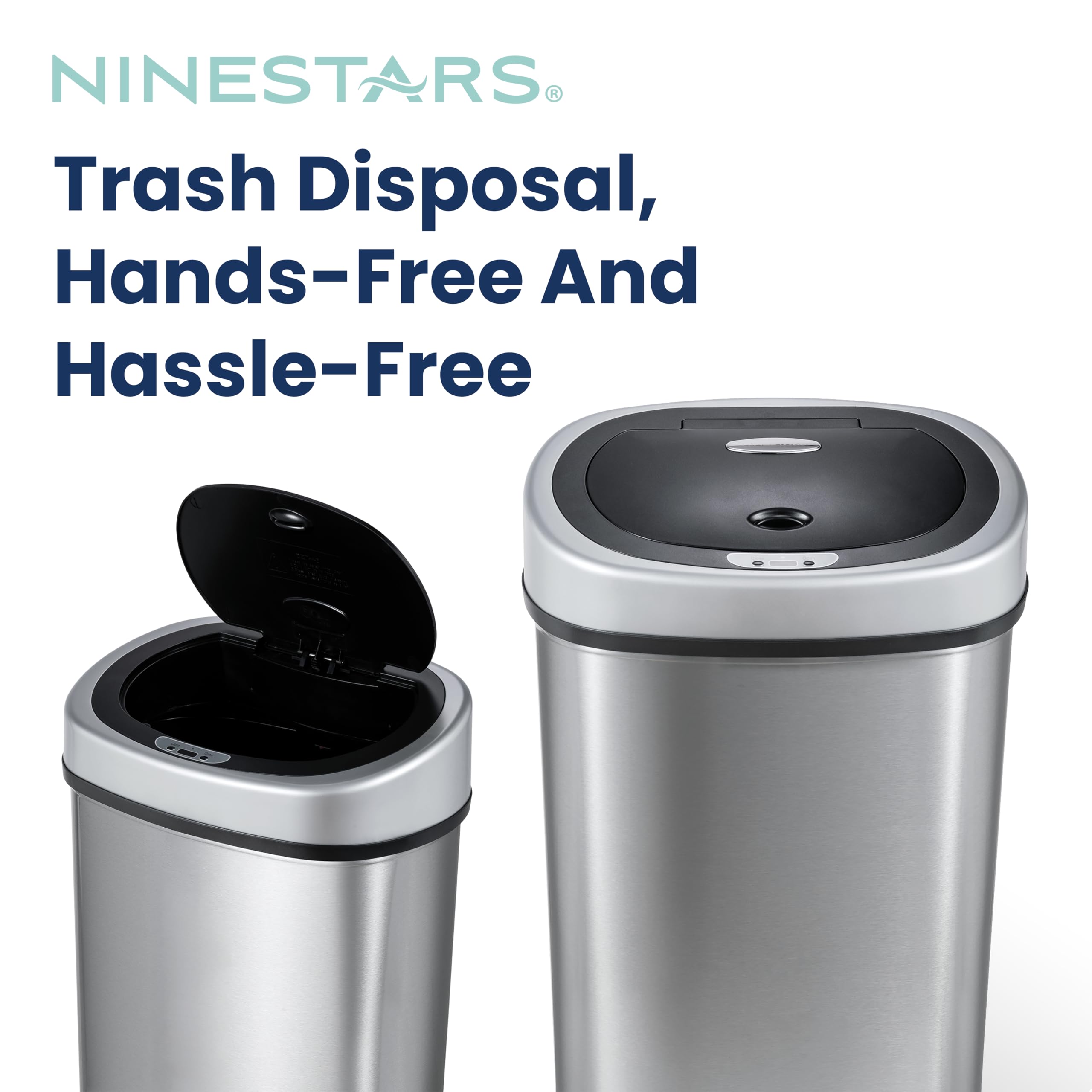 NINESTARS DZT-50-9 Automatic Touchless Infrared Motion Sensor Trash Can, 13 Gal 50L, Stainless Steel Base (Oval, Silver/Black Lid)