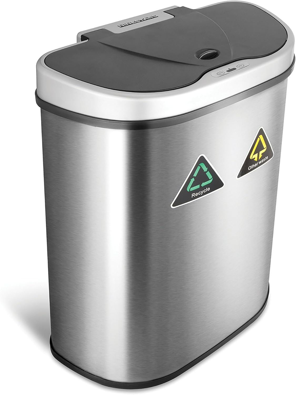 NINESTARS Automatic Touchless Infrared Motion Sensor Trash Can/Recycler with D Shape Silver/Black Lid & Stainless Base, 18 Gal, Stainless Steel