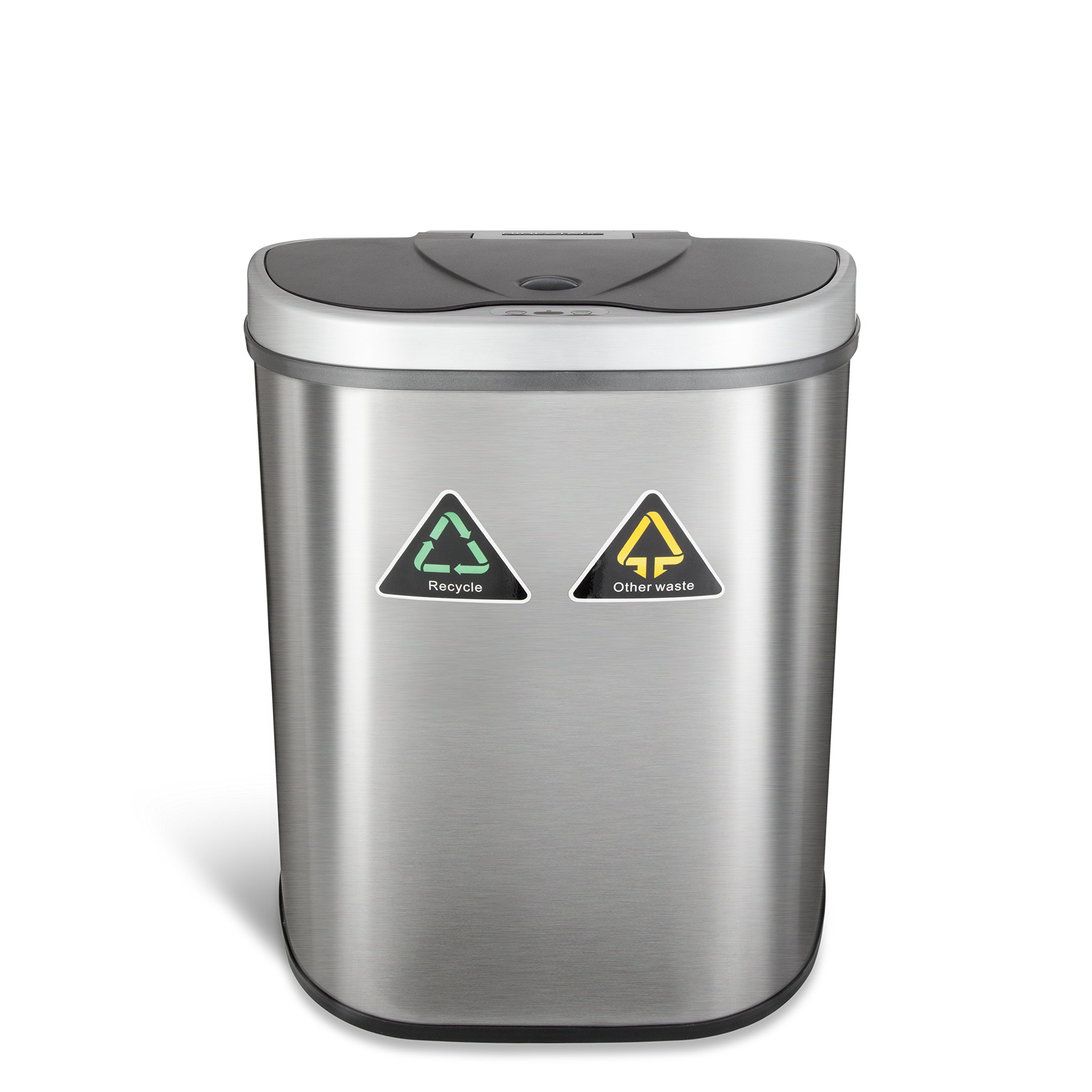 NINESTARS Automatic Touchless Infrared Motion Sensor Trash Can/Recycler with D Shape Silver/Black Lid & Stainless Base, 18 Gal, Stainless Steel