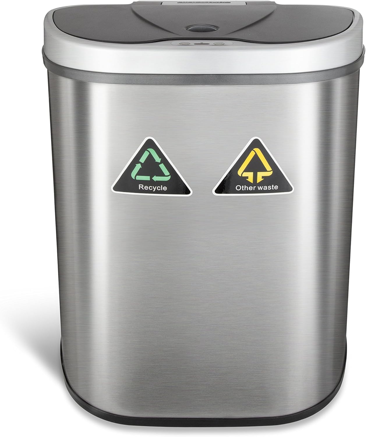 NINESTARS Automatic Touchless Infrared Motion Sensor Trash Can/Recycler with D Shape Silver/Black Lid & Stainless Base, 18 Gal, Stainless Steel