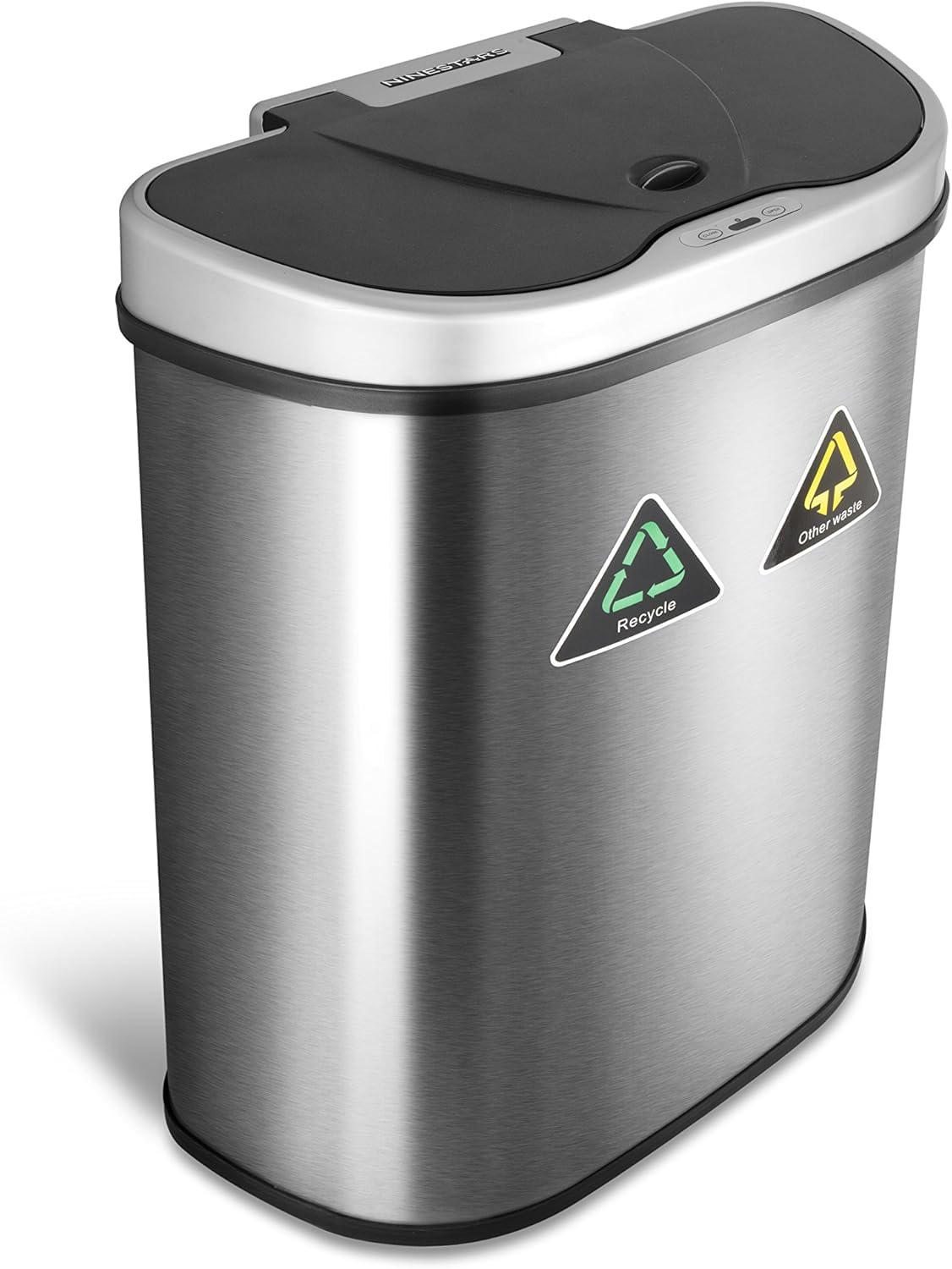 NINESTARS Automatic Touchless Infrared Motion Sensor Trash Can/Recycler with D Shape Silver/Black Lid & Stainless Base, 18 Gal, Stainless Steel