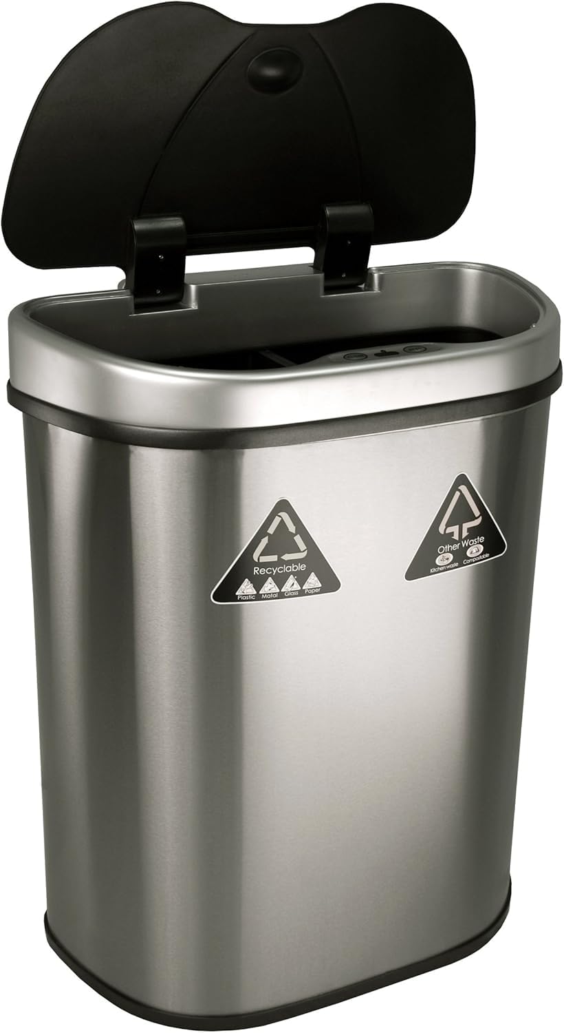 NINESTARS Automatic Touchless Infrared Motion Sensor Trash Can/Recycler with D Shape Silver/Black Lid & Stainless Base, 18 Gal, Stainless Steel