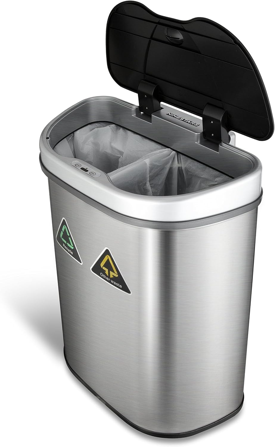 NINESTARS Automatic Touchless Infrared Motion Sensor Trash Can/Recycler with D Shape Silver/Black Lid & Stainless Base, 18 Gal, Stainless Steel