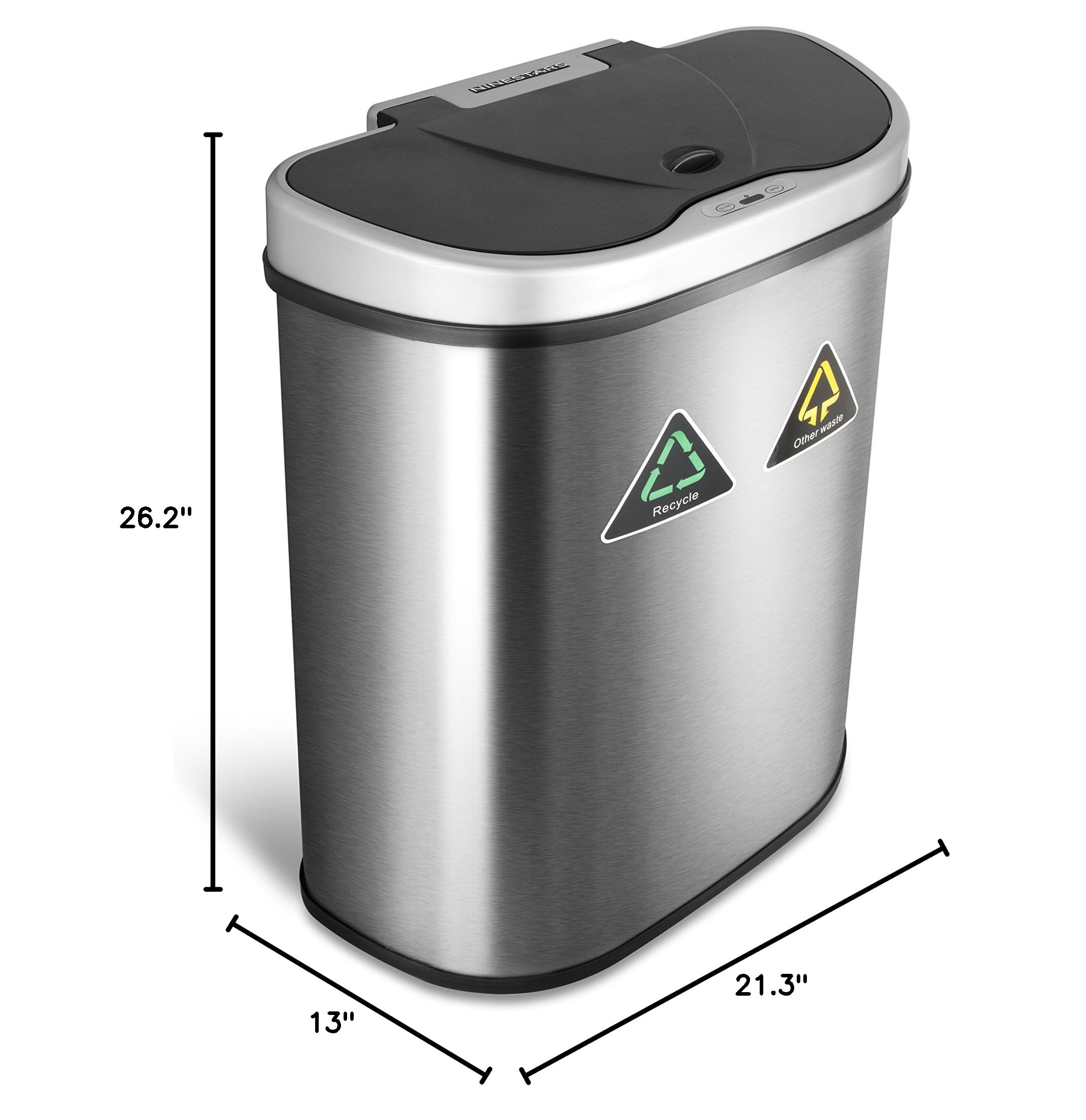 NINESTARS Automatic Touchless Infrared Motion Sensor Trash Can/Recycler with D Shape Silver/Black Lid & Stainless Base, 18 Gal, Stainless Steel