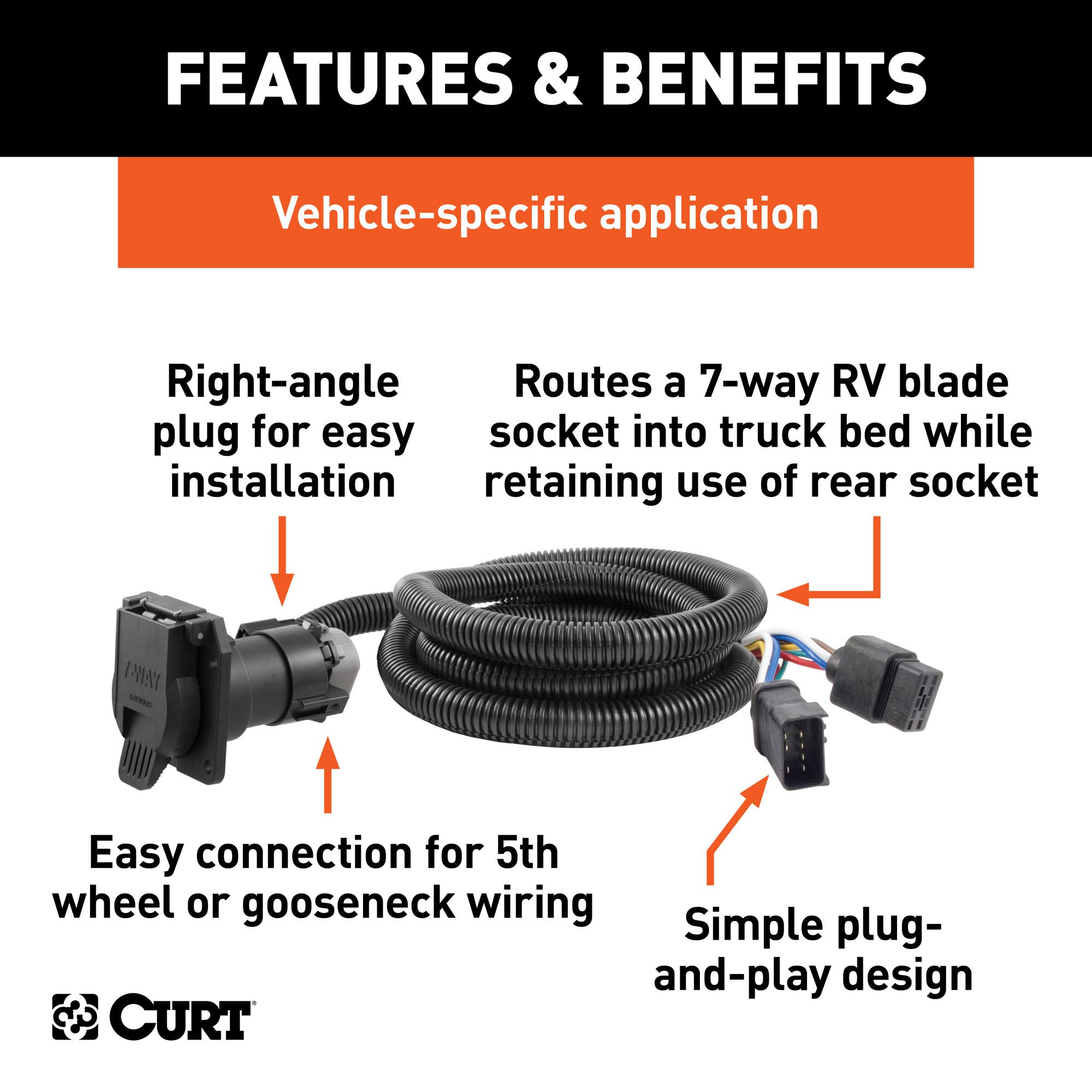 CURT 56071 7-Foot Vehicle-Side Truck Bed 7-Pin Trailer Wiring Harness Extension, Select Dodge Ram 1500, 2500, 3500, Dakota , Black
