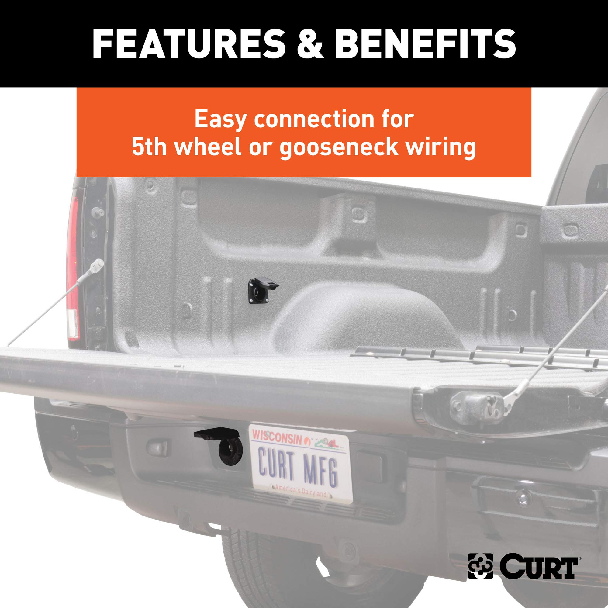 CURT 56071 7-Foot Vehicle-Side Truck Bed 7-Pin Trailer Wiring Harness Extension, Select Dodge Ram 1500, 2500, 3500, Dakota , Black