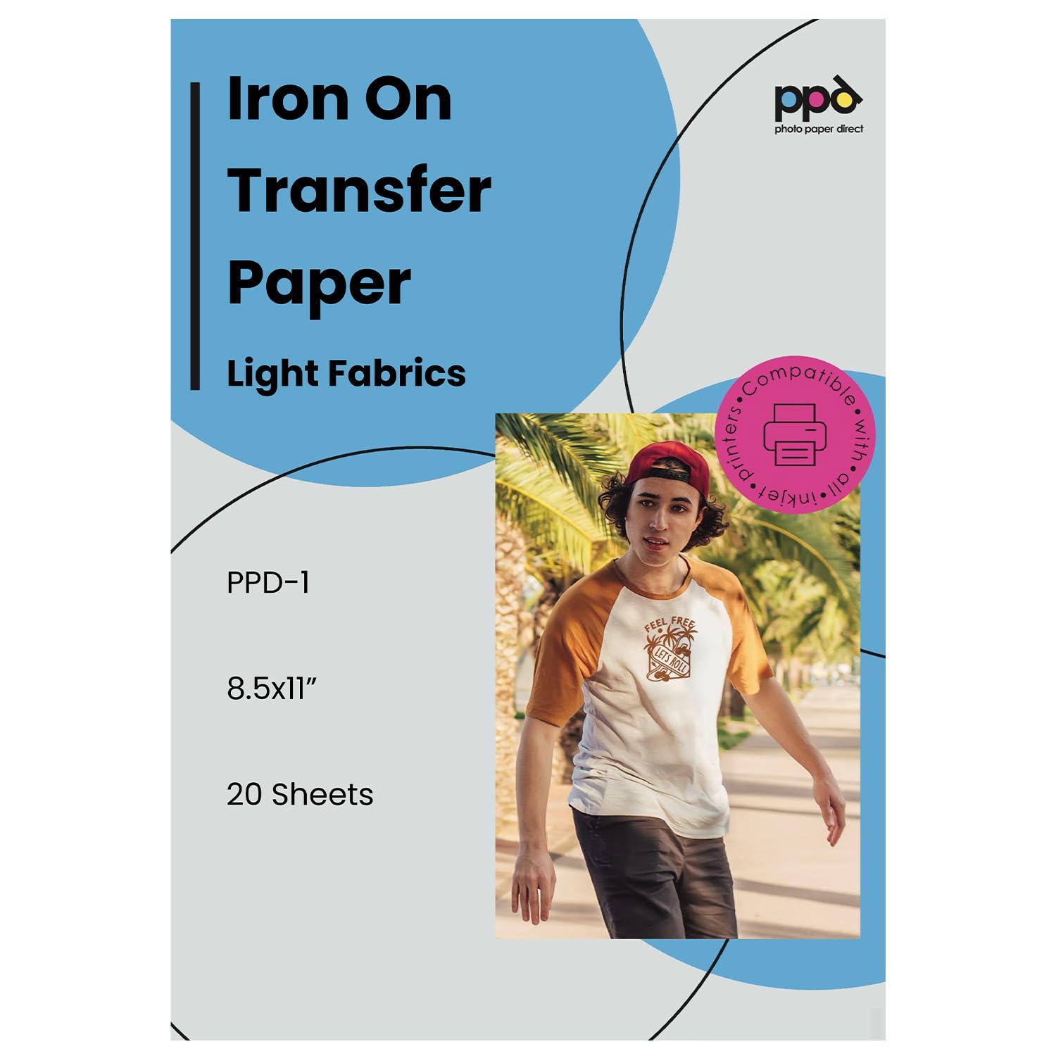 PPD Inkjet Premium Iron-On White and Light Colored T Shirt Transfers Paper LTR 8.5x11” Pack of 20 Sheets (PPD001-20)