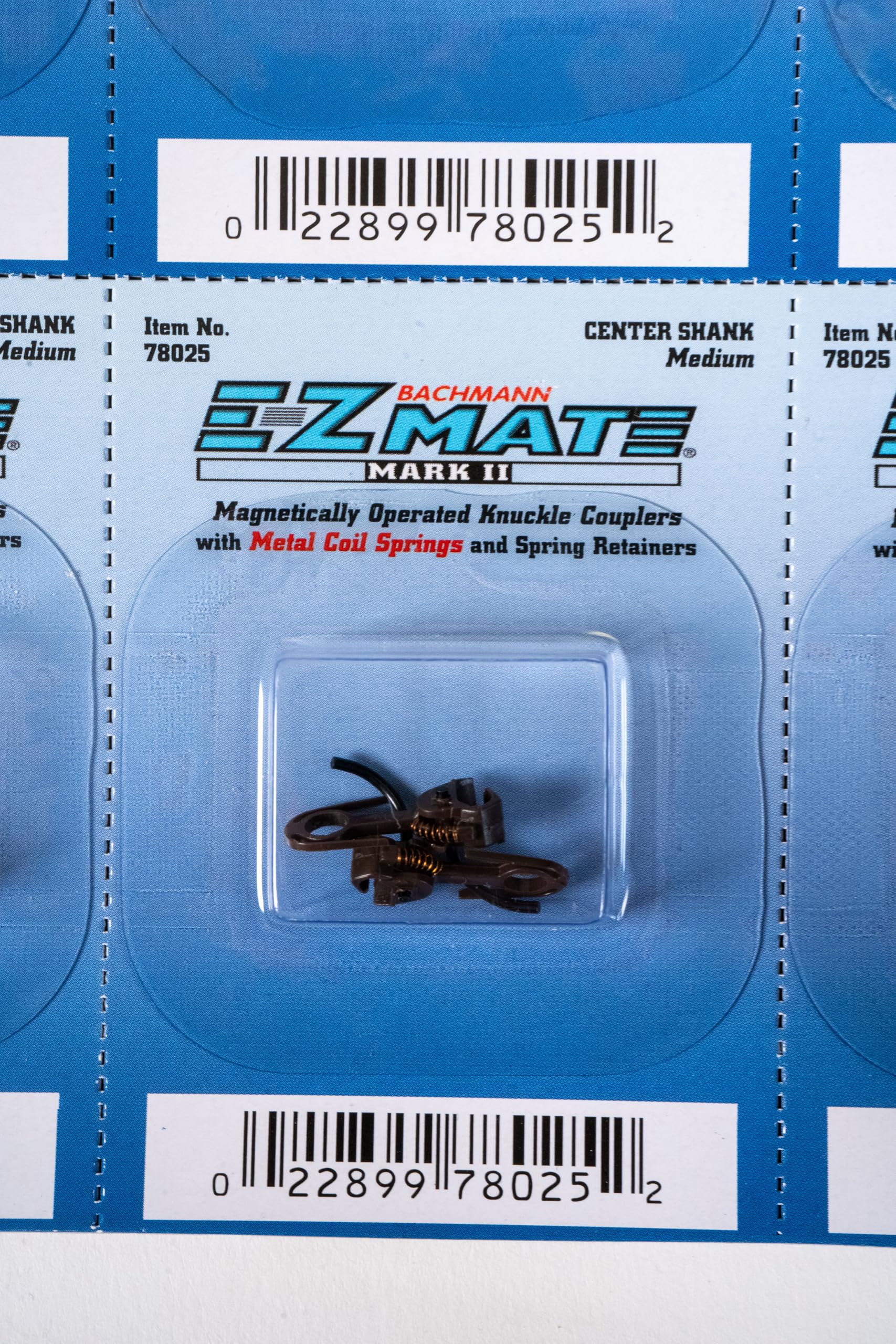 Bachmann Trains - E-Z MATE MARK II COUPLERS - MAGNETIC KNUCKLE COUPLERS with METAL COIL SPRING - CENTER SHANK - MEDIUM (12 pair/card) - HO Scale