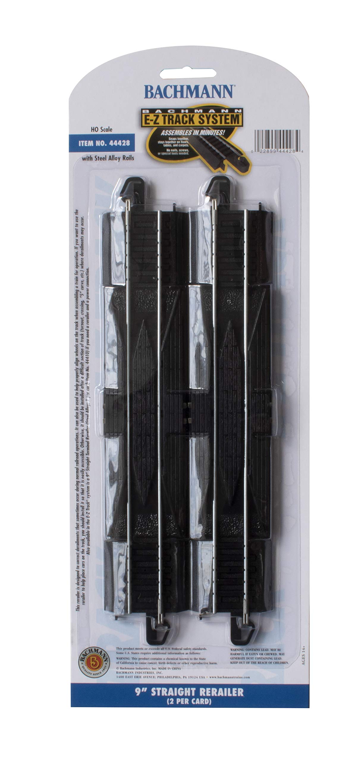 Bachmann Trains - Snap-Fit E-Z TRACK 9” STRAIGHT RERAILER (2/card) - STEEL ALLOY Rail With Black Roadbed - HO Scale