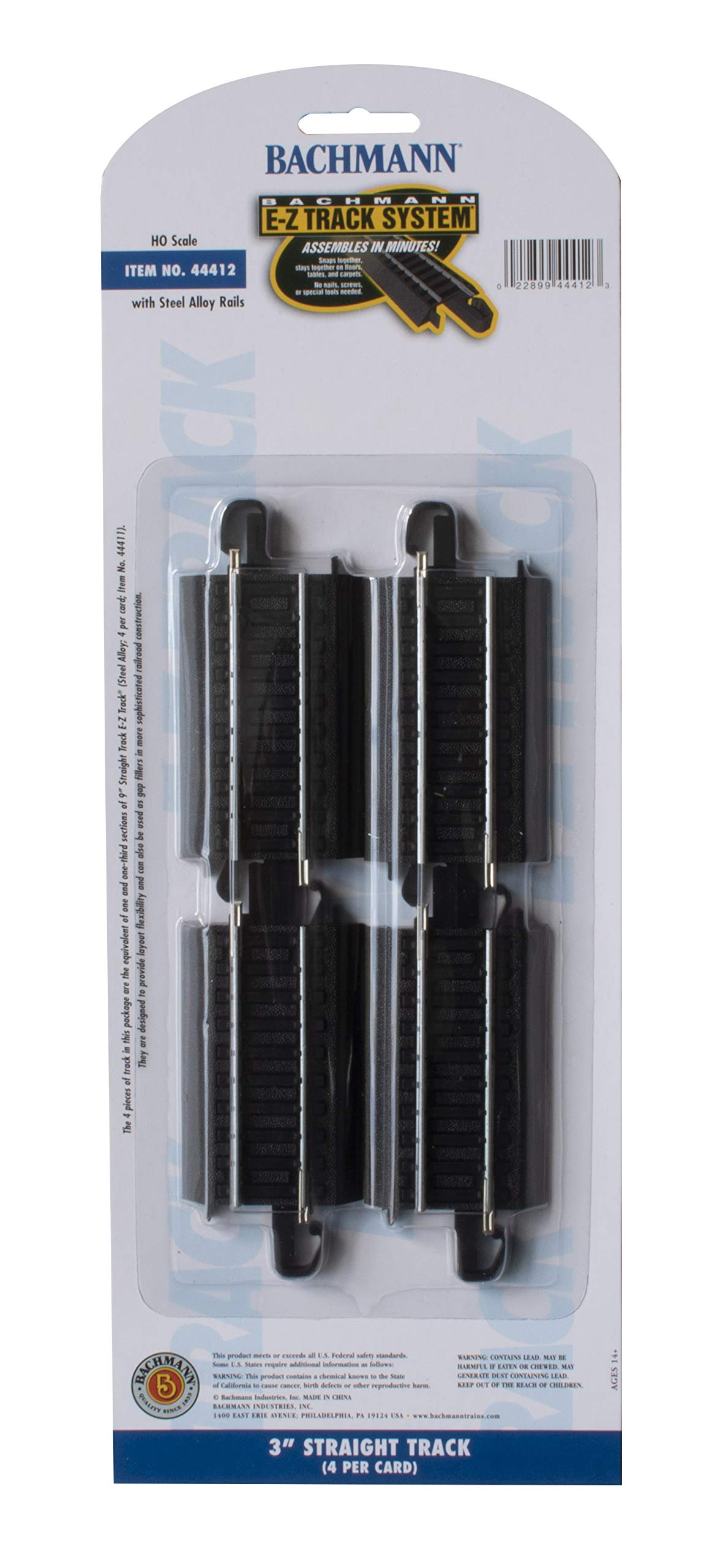 Bachmann Trains - Snap-Fit E-Z TRACK 3” STRAIGHT TRACK (4/card) - STEEL ALLOY Rail With Black Roadbed - HO Scale