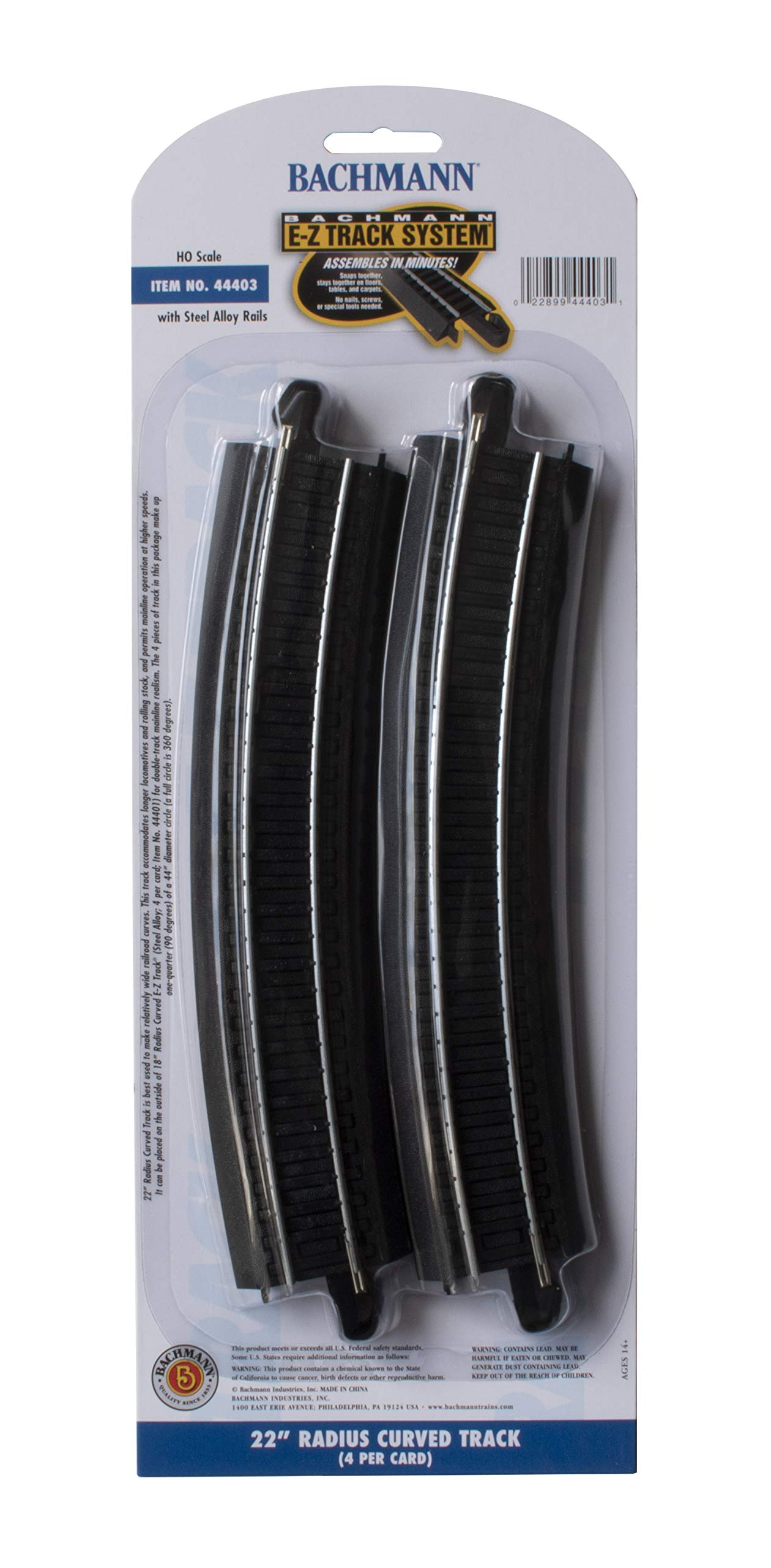 Bachmann Trains - Snap-Fit E-Z TRACK 22” RADIUS CURVED TRACK (4/card) - STEEL ALLOY Rail With Black Roadbed - HO Scale