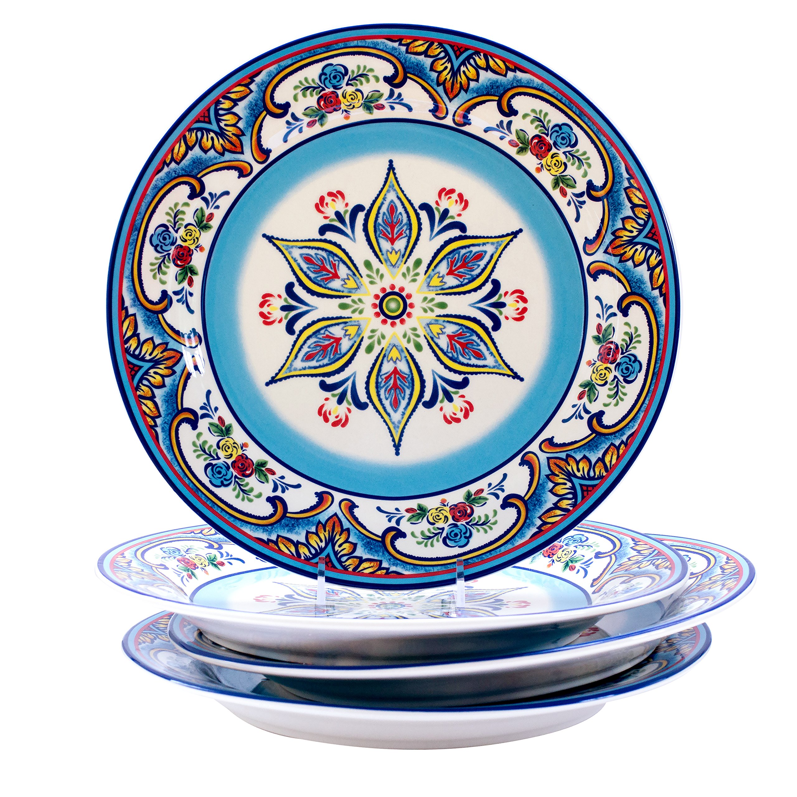 Euro Ceramica Zanzibar Collection Vibrant 10.9" Ceramic Dinner Plates, Set of 4, Spanish Floral Design, Multicolor