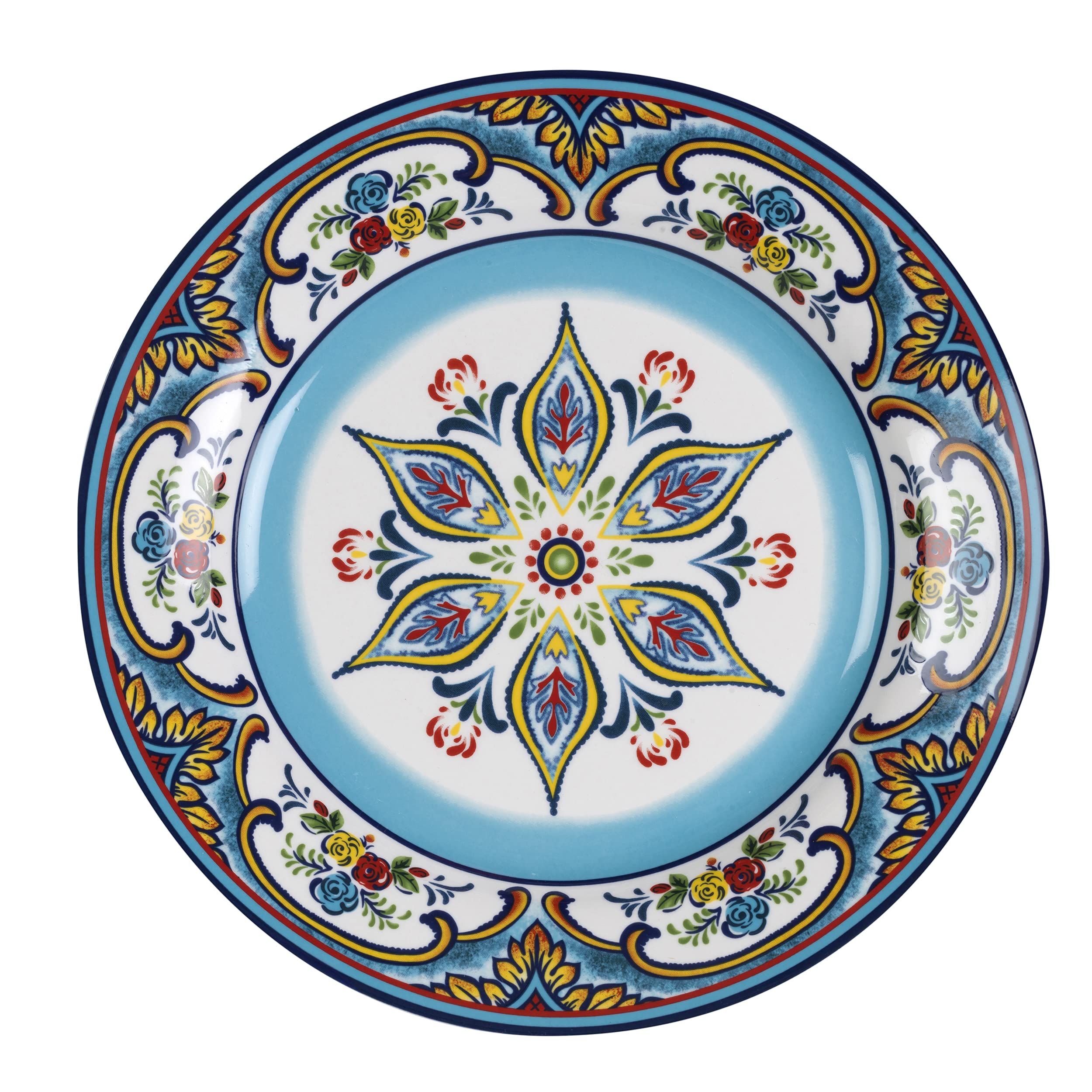 Euro Ceramica Zanzibar Collection Vibrant 10.9" Ceramic Dinner Plates, Set of 4, Spanish Floral Design, Multicolor
