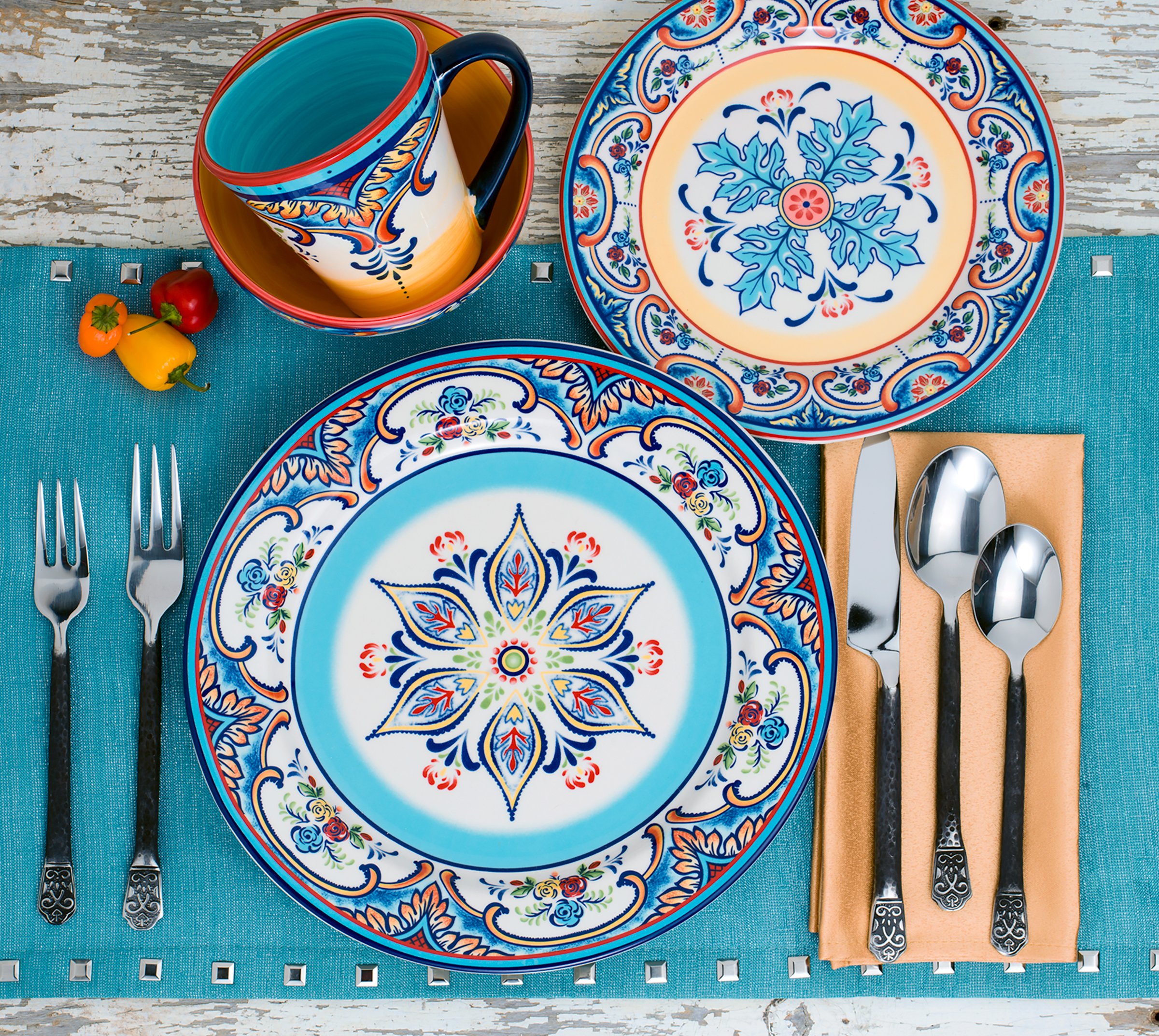 Euro Ceramica Zanzibar Collection Vibrant 10.9" Ceramic Dinner Plates, Set of 4, Spanish Floral Design, Multicolor