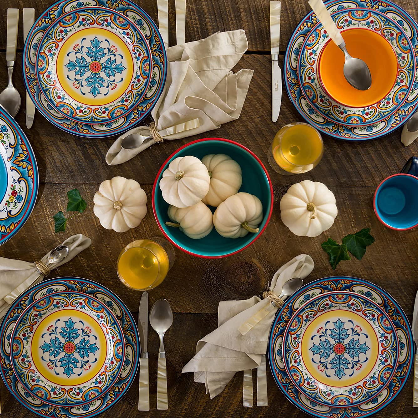 Euro Ceramica Zanzibar Collection Vibrant 10.9" Ceramic Dinner Plates, Set of 4, Spanish Floral Design, Multicolor