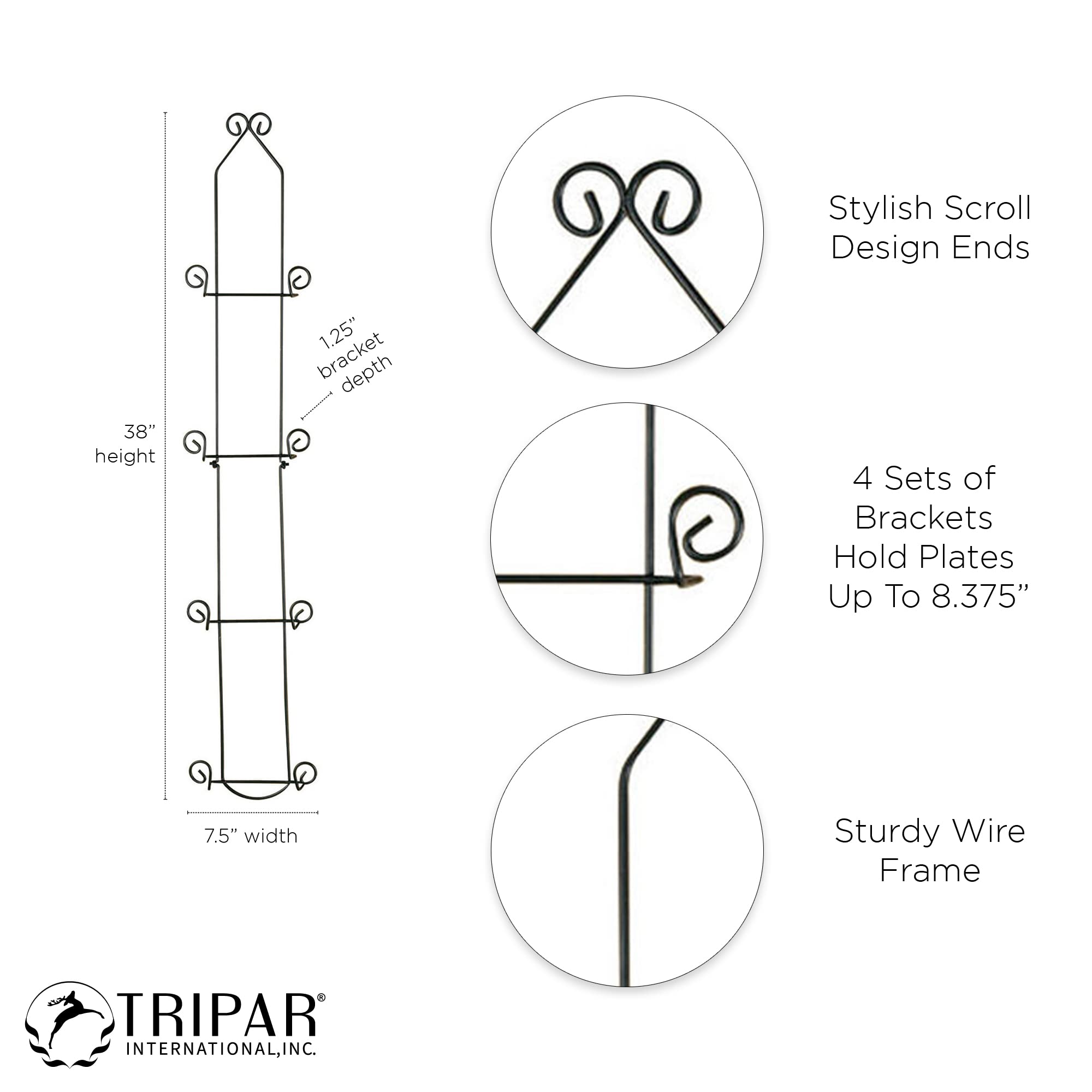 Tripar 4 Tier Vertical Black Plate Rack for Collectible Plates, Plaques, Dishes, & China