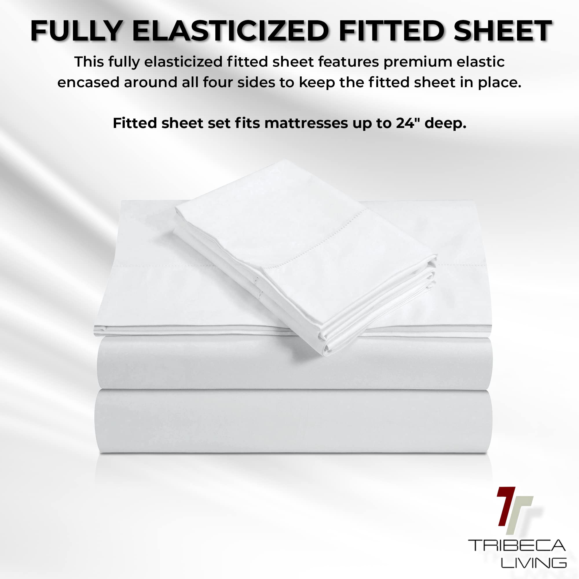 Tribeca Living Queen Bed Sheet Set, Soft Egyptian Cotton Sateen Solid Sheets and Pillowcase Set, Deep Pocket, 800 Thread Count, 4-Piece Luxury Bedding, White