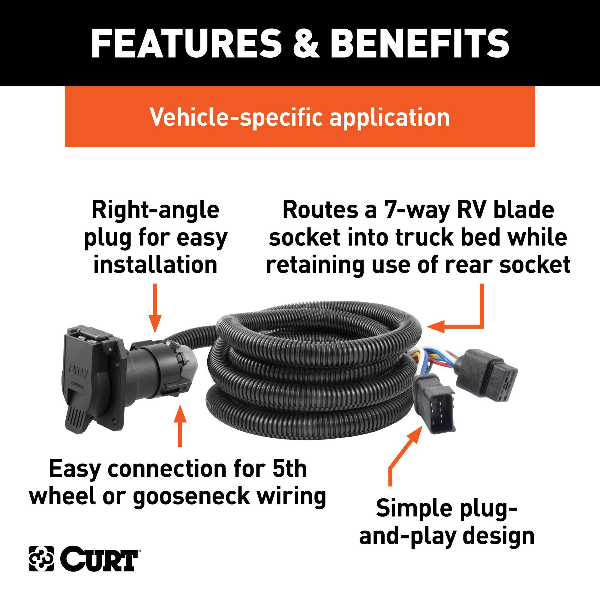 CURT 56001 10-Foot Vehicle-Side Truck Bed 7-Pin Trailer Wiring Harness Extension, Select Dodge Ram 1500, 2500, 3500, Dakota , Black