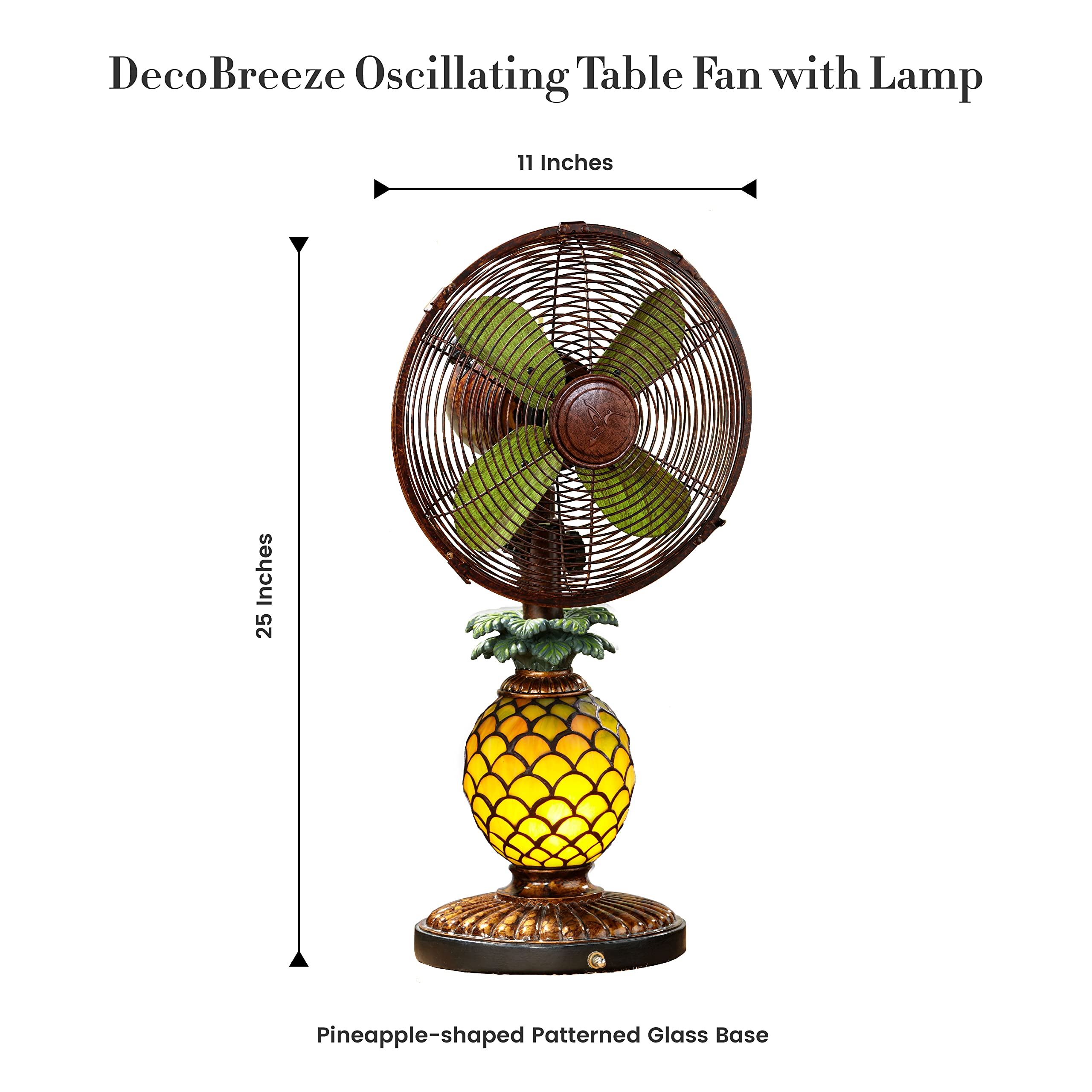 DecoBREEZE Oscillating Table Fan with Lamp, 3-Speed Portable Fan, Pineapple, Mosaic Glass Antique Fan and Lamp, 10 inches