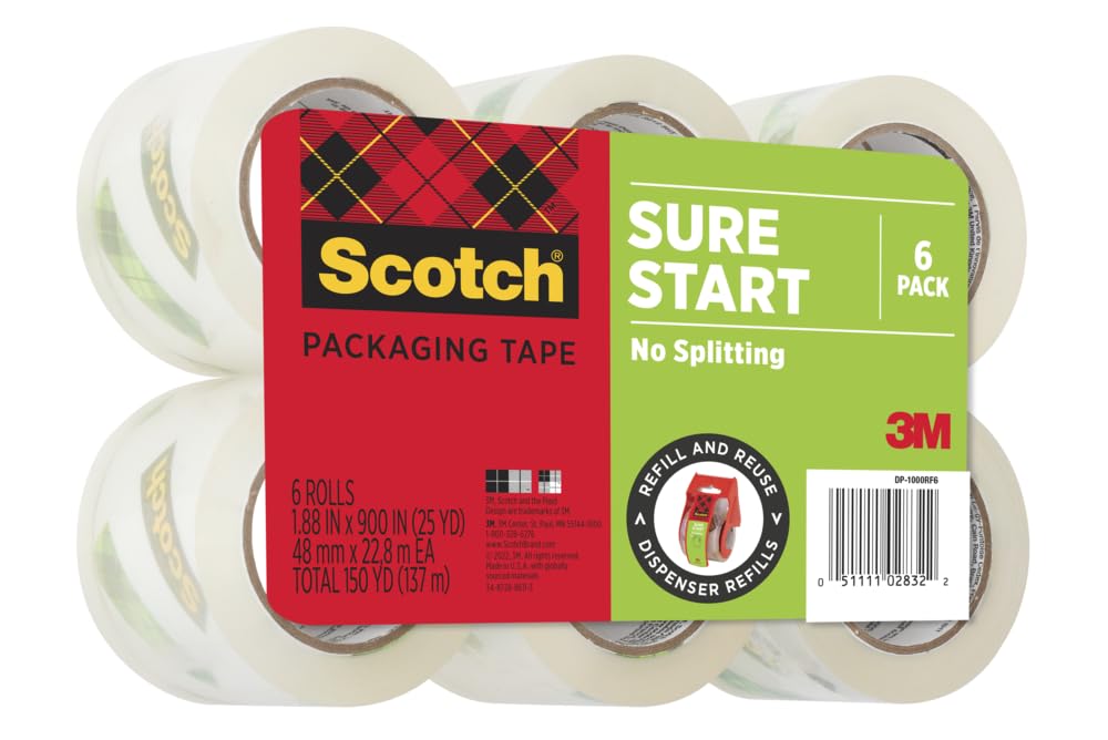 Scotch Sure Start Shipping Packaging Tape, 1.88" x 25 yd, Designed for Packing, Shipping and Mailing, No Splitting or Tearing, 1.5" Core, Clear, 6 Rolls (DP-1000RF6)