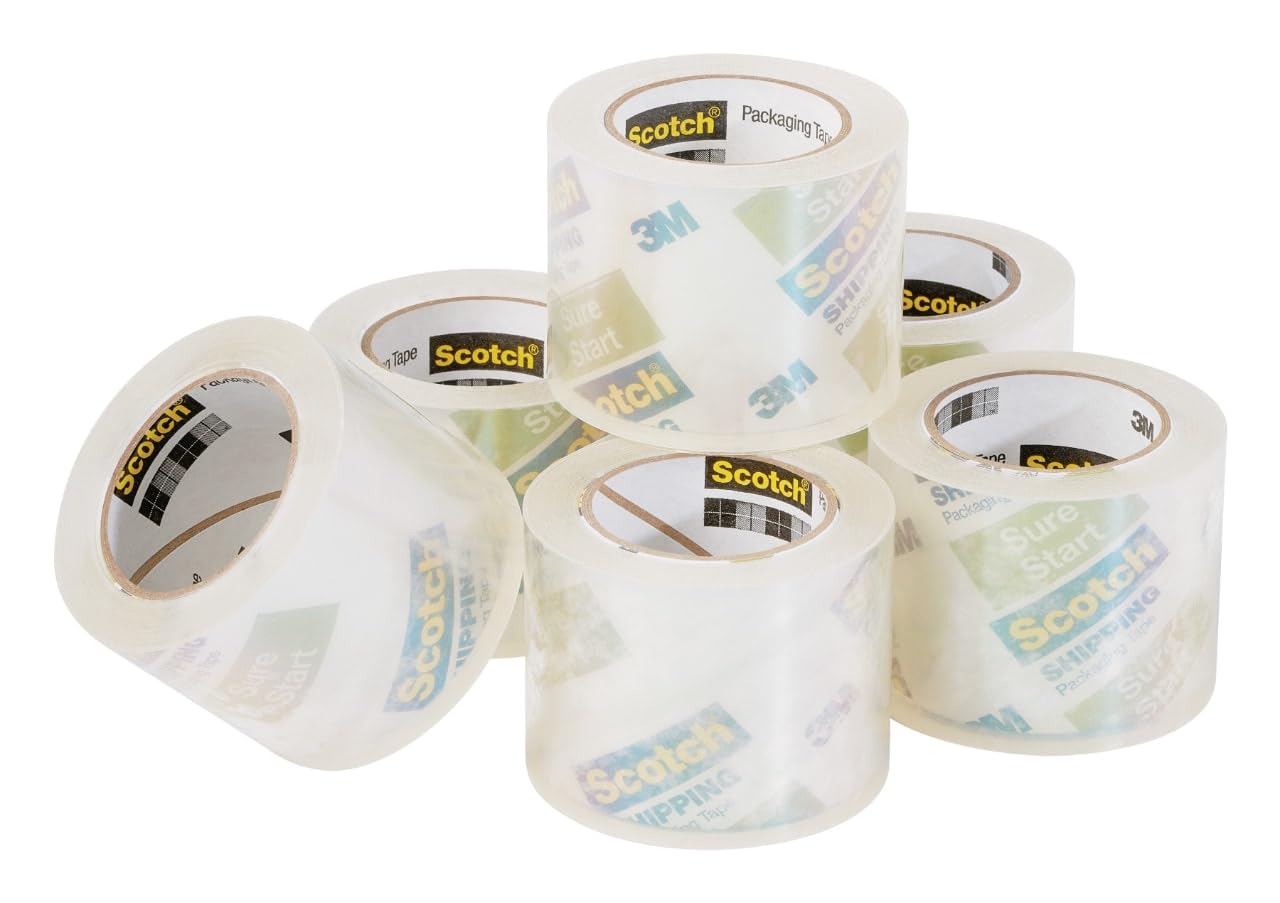 Scotch Sure Start Shipping Packaging Tape, 1.88" x 25 yd, Designed for Packing, Shipping and Mailing, No Splitting or Tearing, 1.5" Core, Clear, 6 Rolls (DP-1000RF6)