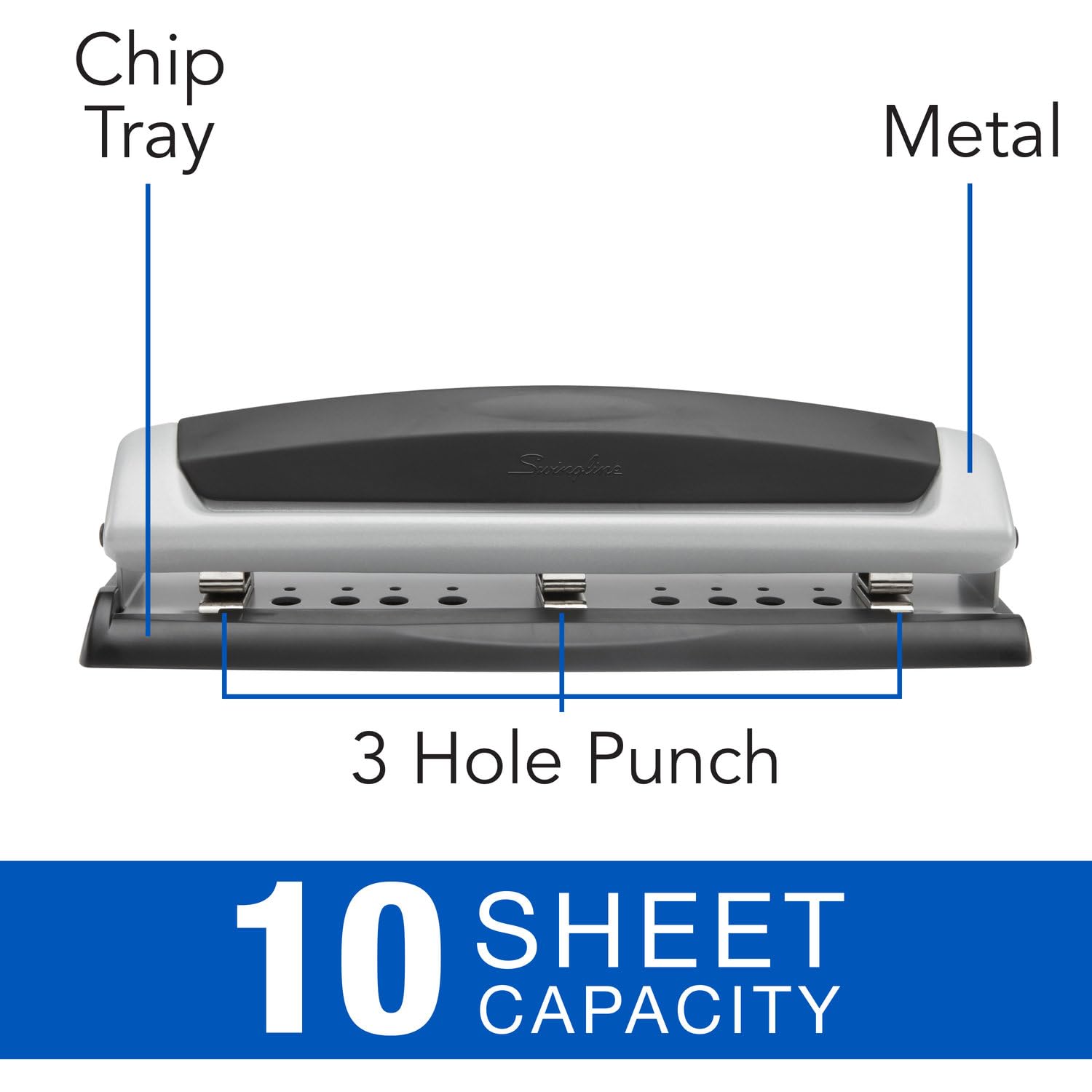 Swingline Desktop Hole Punch, 2- 3 Hole Puncher, Precision Pro, 10 Sheet Punch Capacity, Adjustable, Black/Silver (74037)